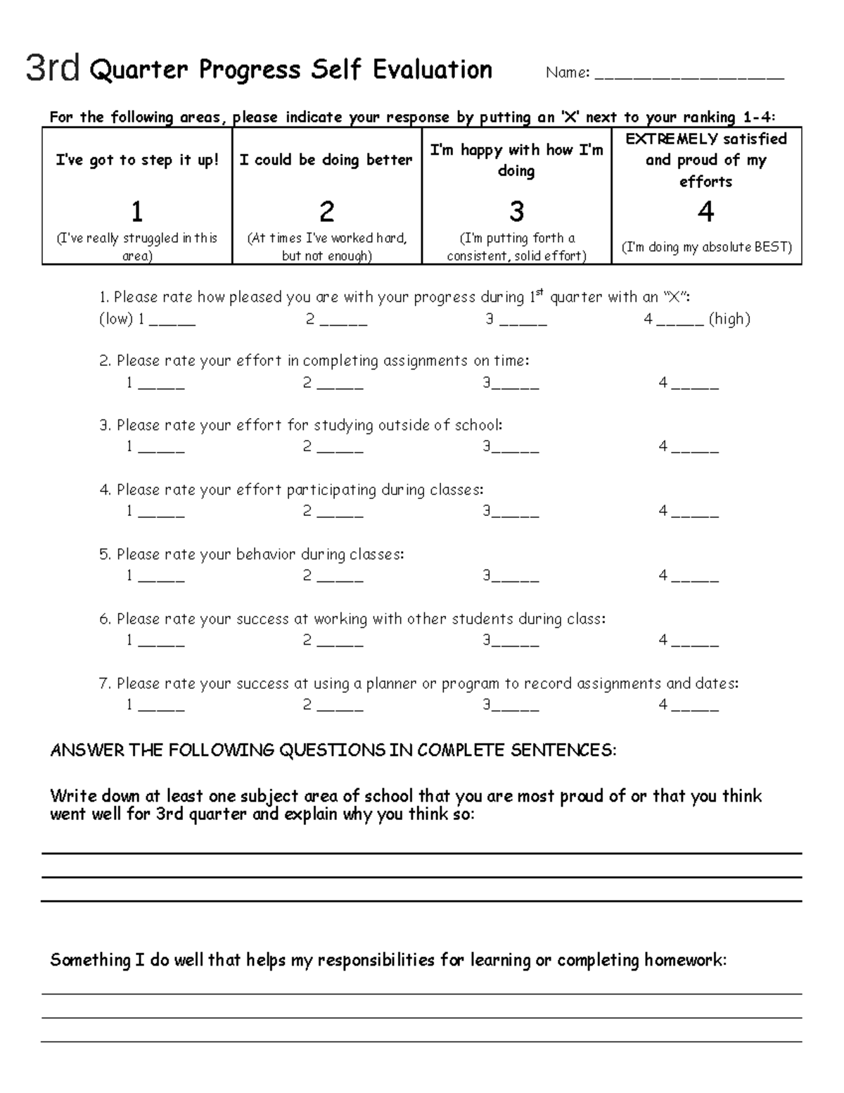 3rd quarter evaluation - 1 st Quarter Progress Self Evaluation Name