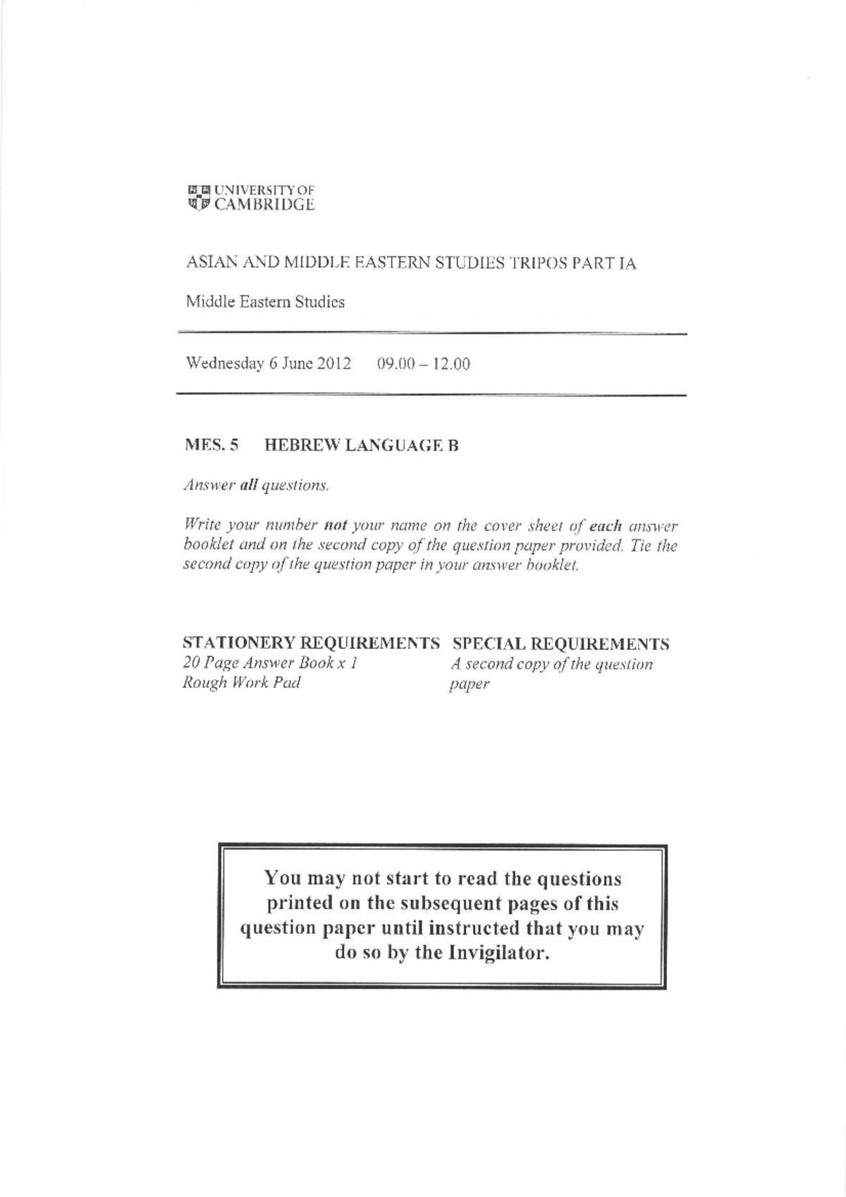 Exam 2012, questions - UNIVERSITY OF e. CAMBRIDGE ASIAN AND MIDDLE ...