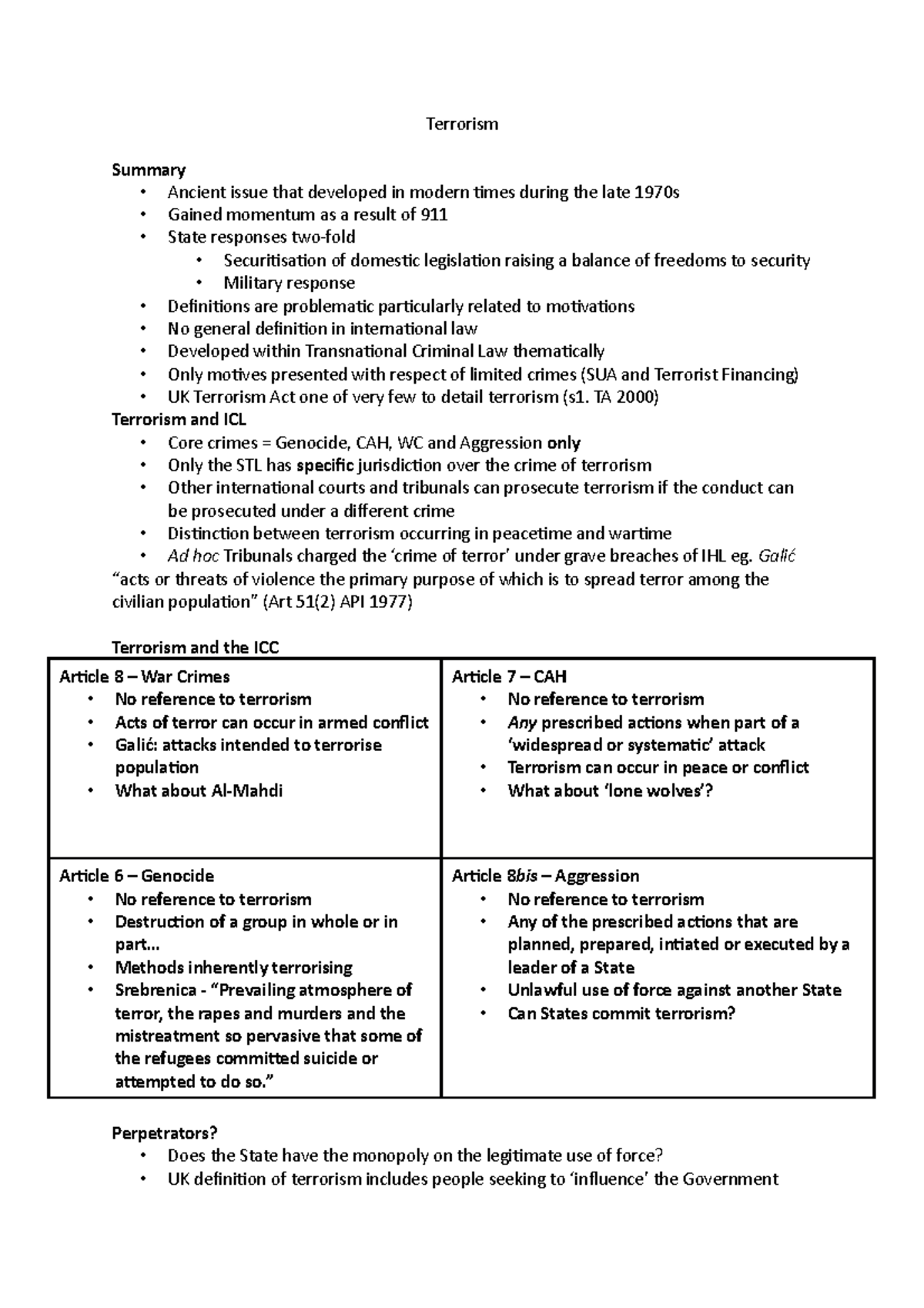 Terrorism - TA 2000) Terrorism and ICL - Core crimes = Genocide, CAH ...