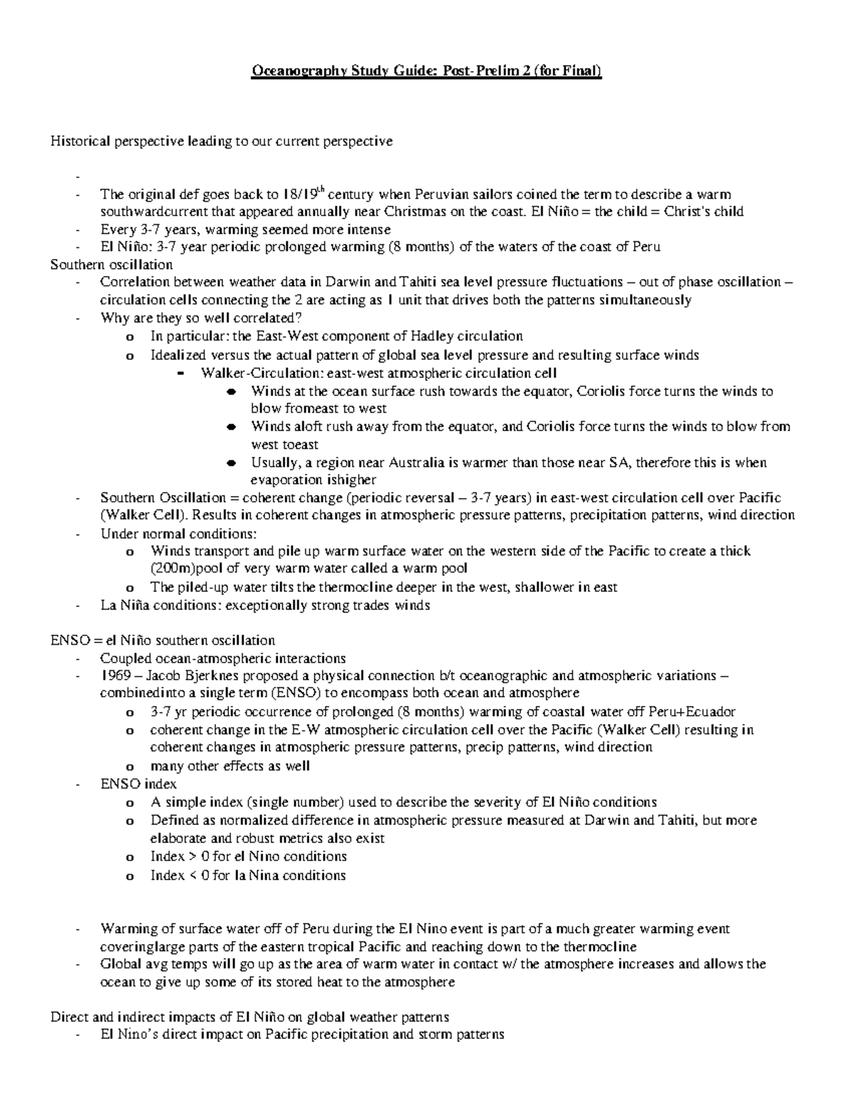 Oceanography Study Guide Post-Prelim 2 (for Final) - El Niño = the ...
