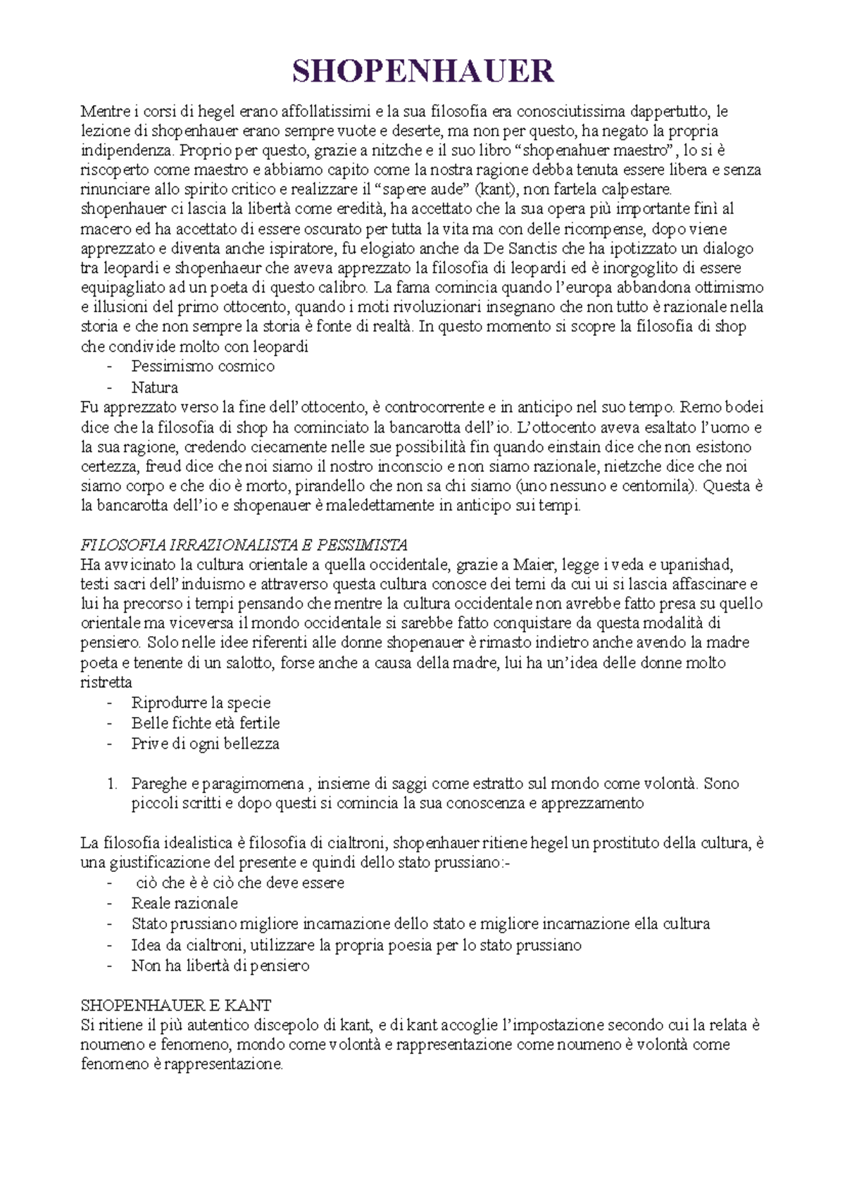 Shopenauer - non è di arte ma di filosofia - SHOPENHAUER Mentre i corsi ...