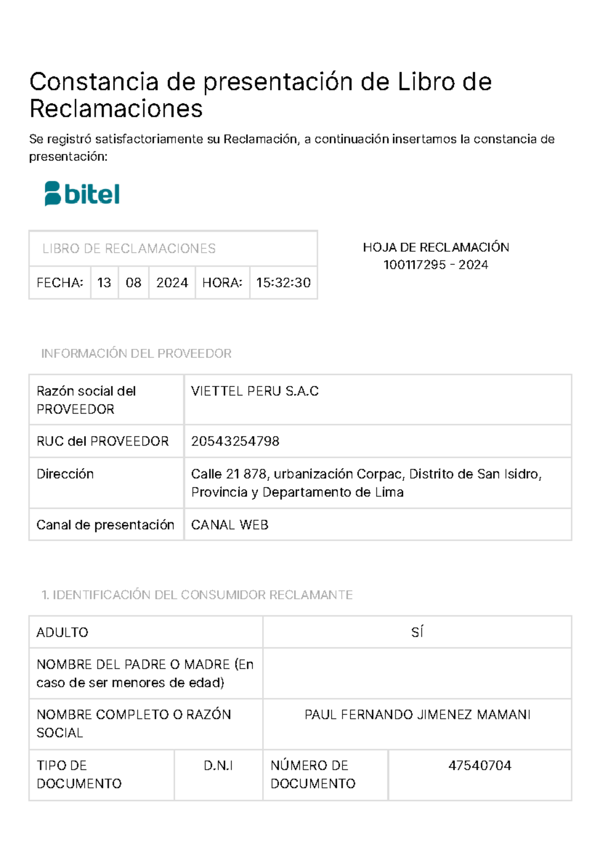 Claim book - relacion contractual - Constancia de presentación de Libro ...