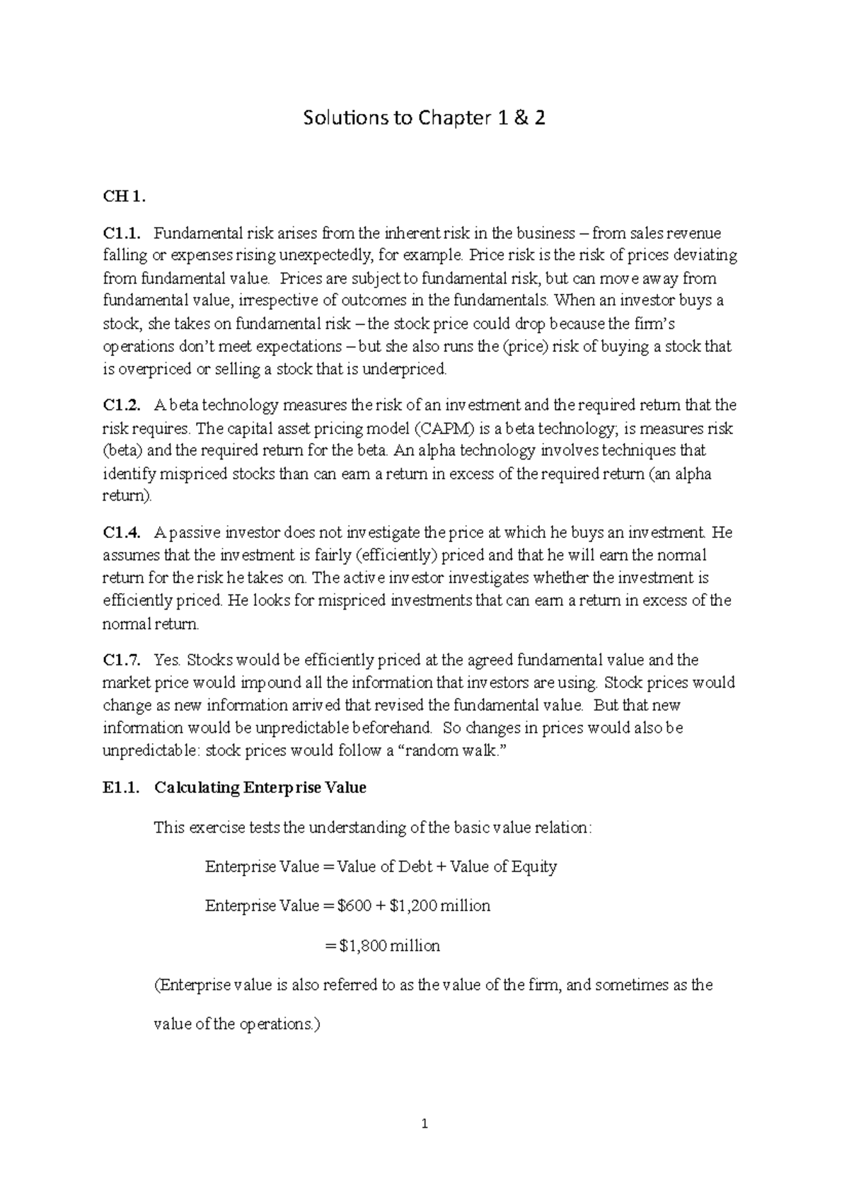 FIN924 Tutorial solutions chapters 1 2 - Solutions to Chapter 1 & 2 CH ...