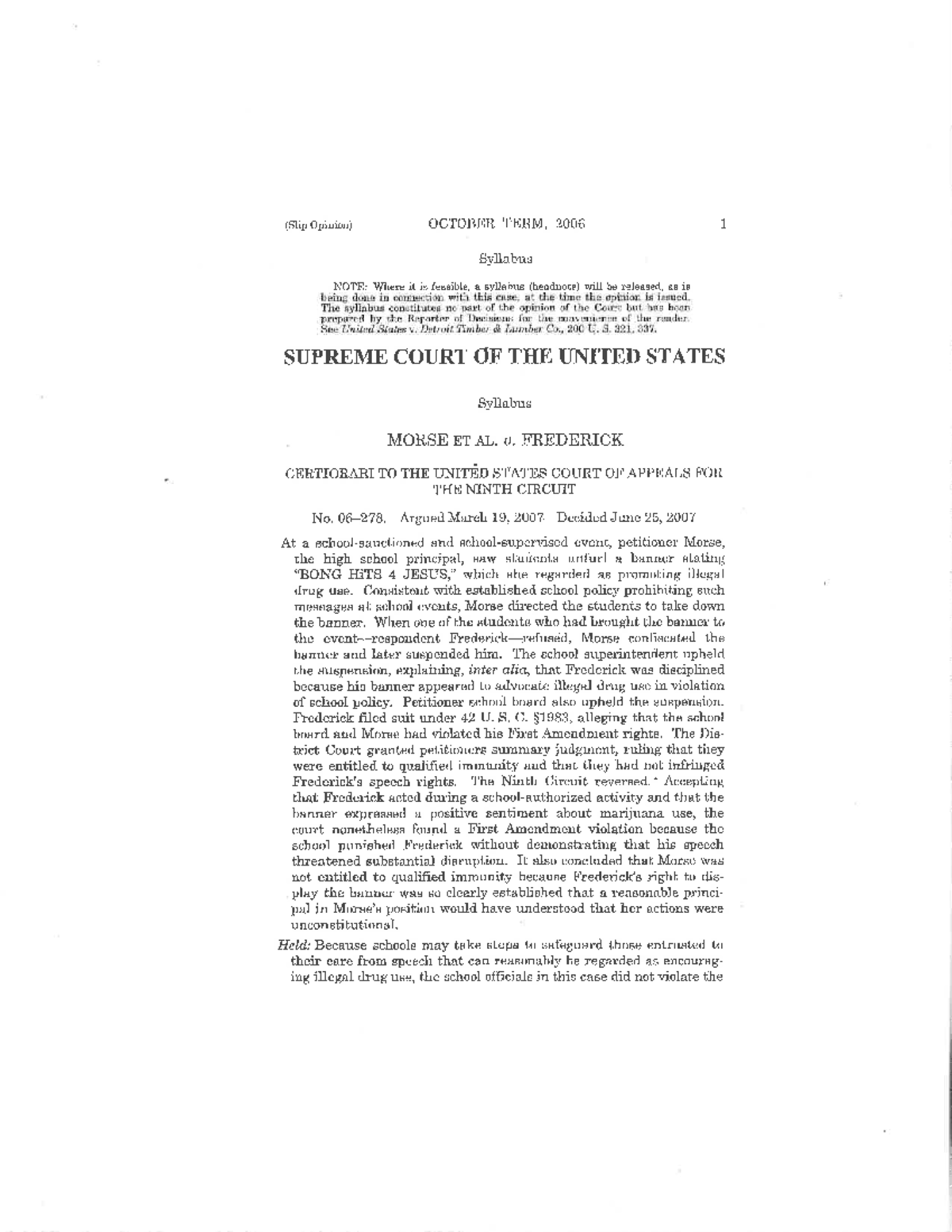 BLAW Caselaw Morse v Frederick Free Speech - BLAW 2080 - Studocu