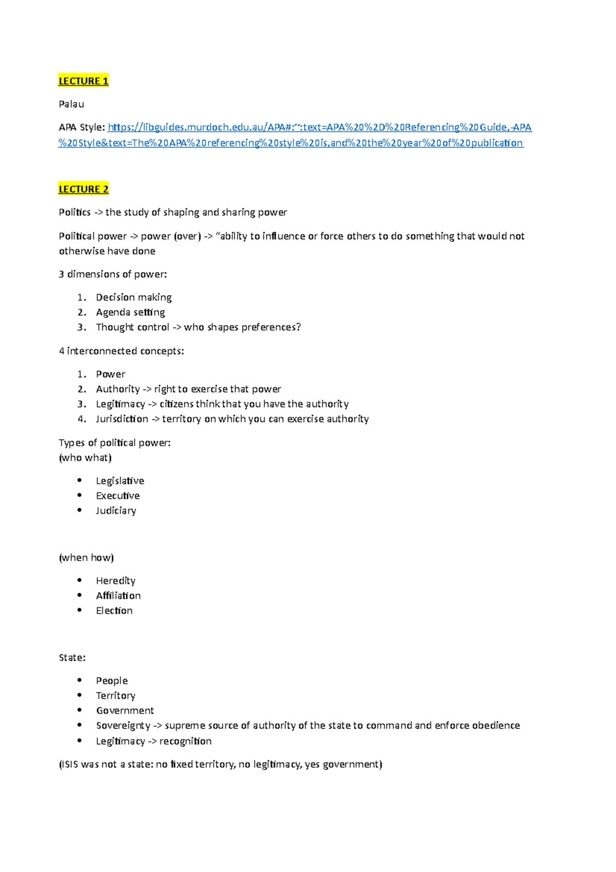 Notes - LECTURE 1 Palau APA Style: - Studeersnel