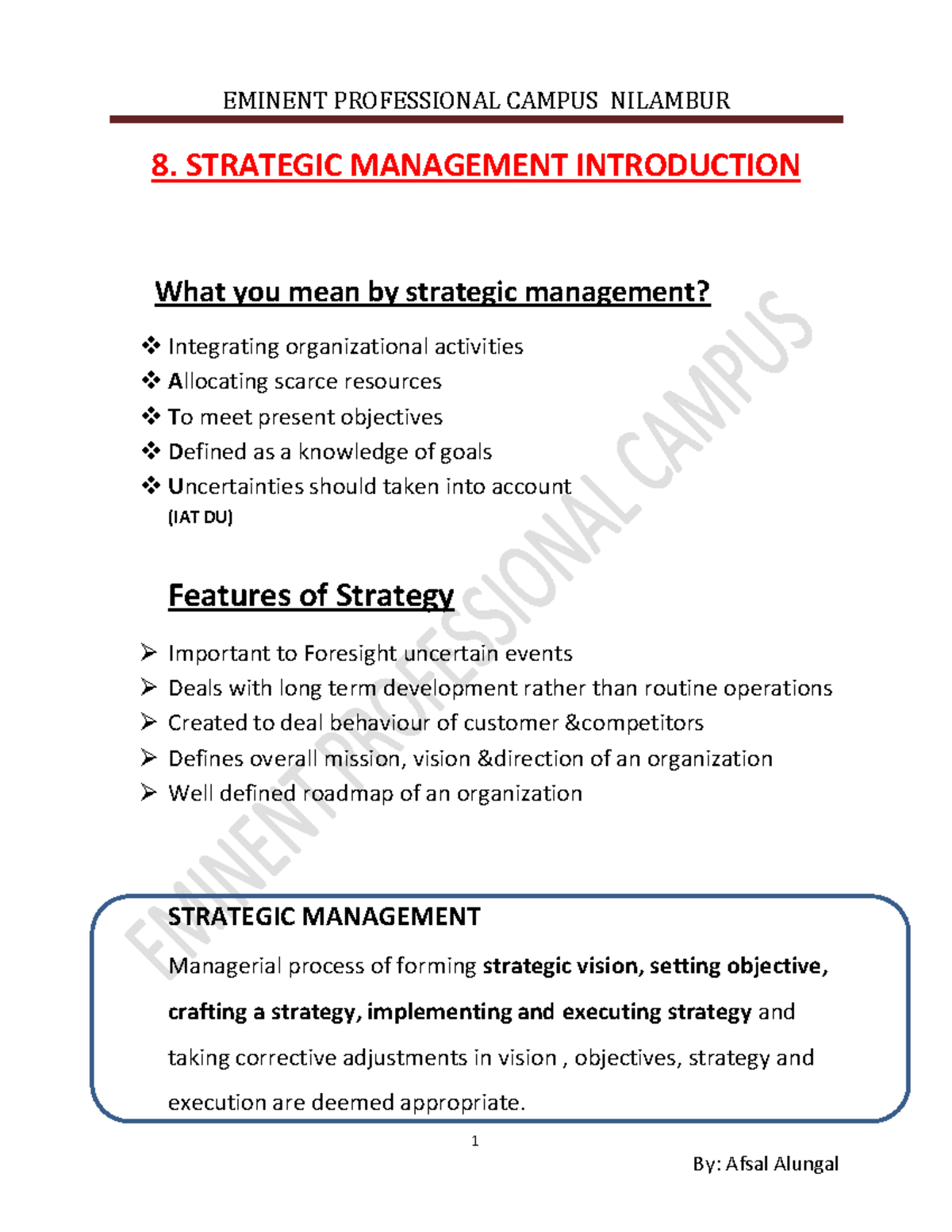 CMA- SM 1 - strategic management key points - 1 8. STRATEGIC MANAGEMENT ...