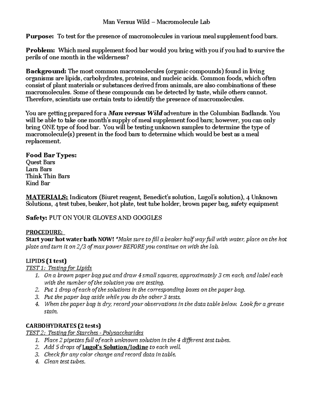 Lab Document Man V Wild Macromolecule Challenge 2022 Man Versus Wild