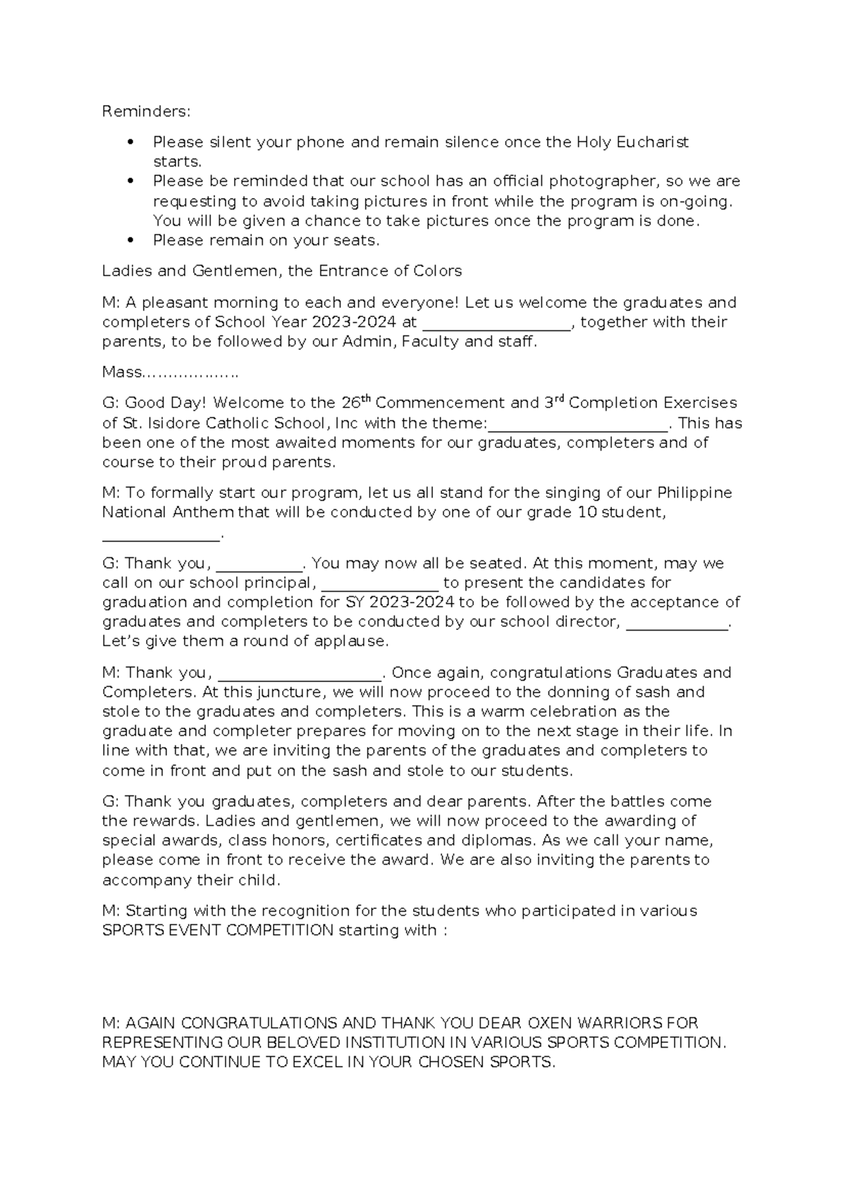 Sample Script - Reminders: Please silent your phone and remain silence ...