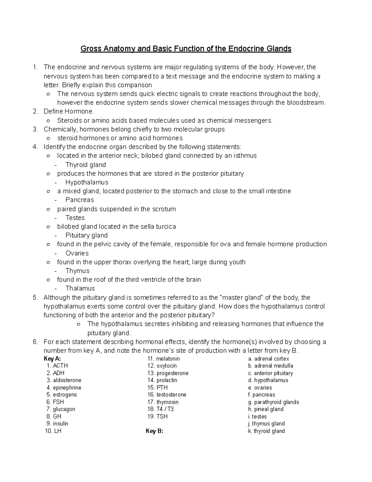 BSC 1086L Lab 18 endocrine lab review - Gross Anatomy and Basic ...