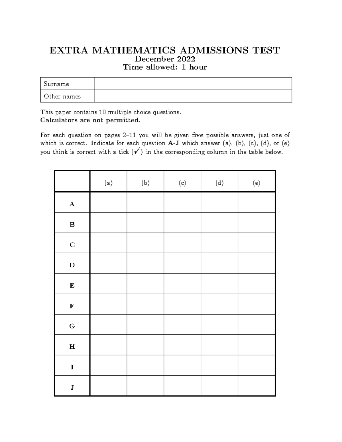 Test2022b 1 - Test exam - EXTRA MATHEMATICS ADMISSIONS TEST December ...