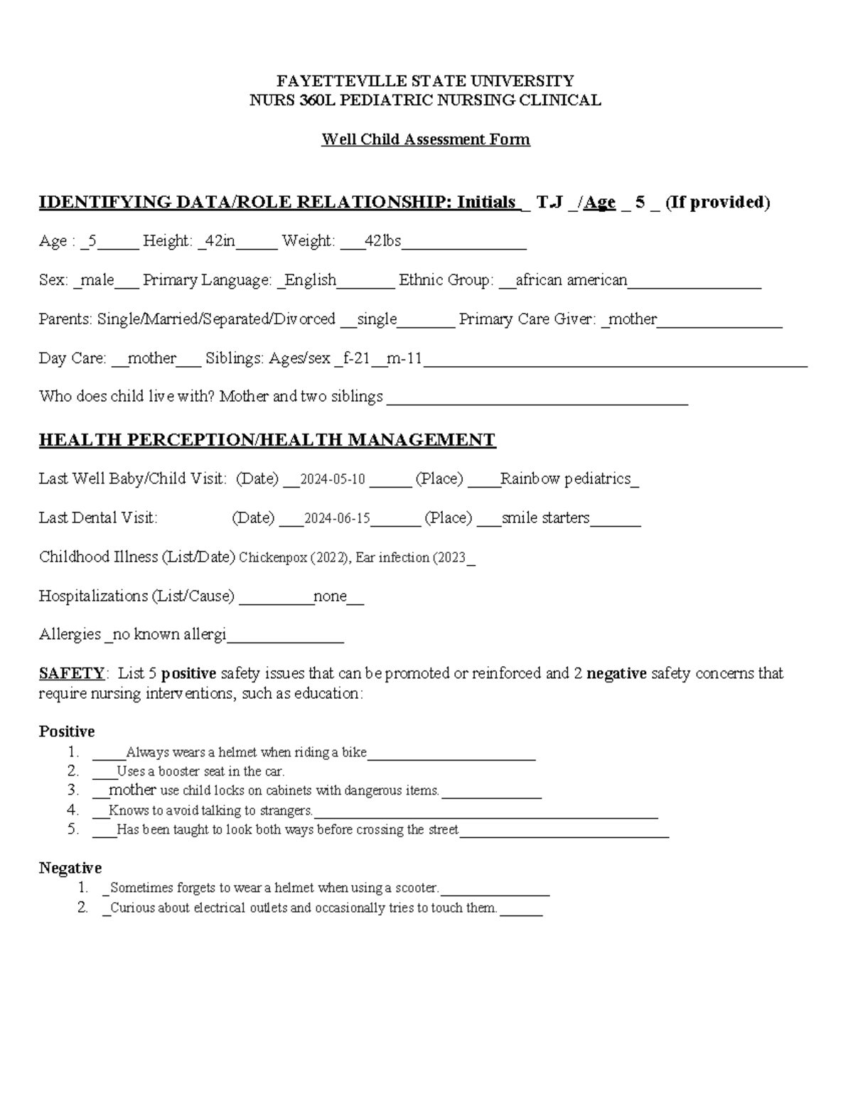 Well Child Assessment - FAYETTEVILLE STATE UNIVERSITY NURS 360L ...