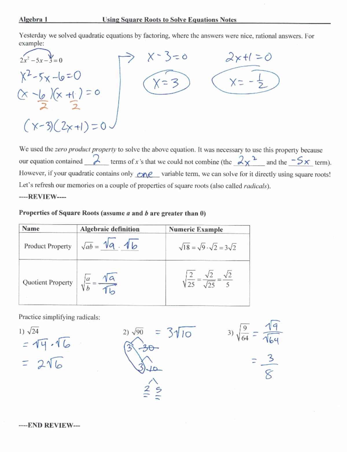 04-04-17. Using Square Roots to Solve Notes Completed - Studocu