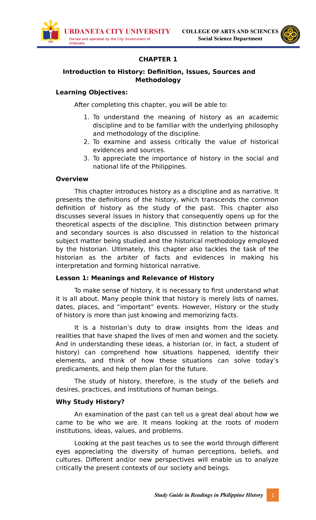 RPH- Study Guide - LECTURE NOTES - CHAPTER 1 Introduction to History ...