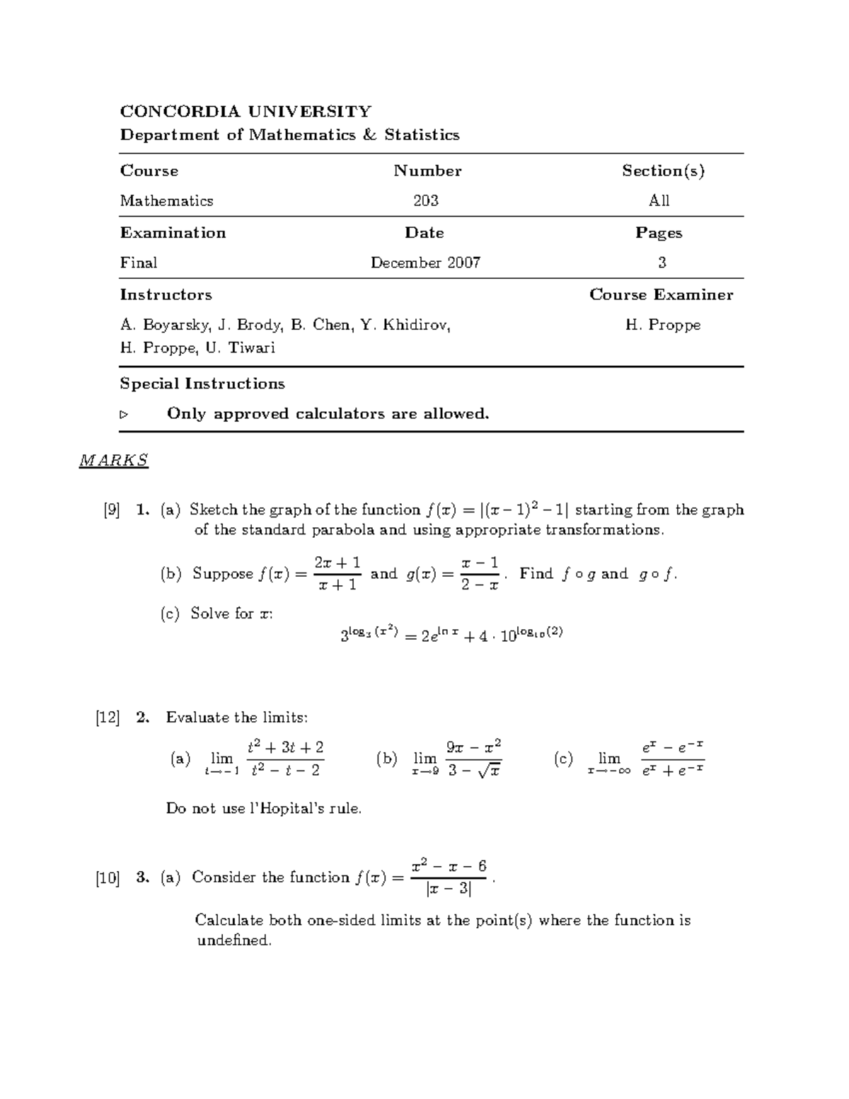 Math203 old finals (for review) - CONCORDIA UNIVERSITY Department of ...