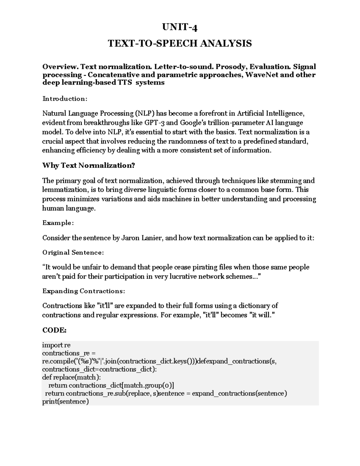 TSA UNIT-4 - UNIT- 4 TEXT-TO-SPEECH ANALYSIS Overview. Text ...