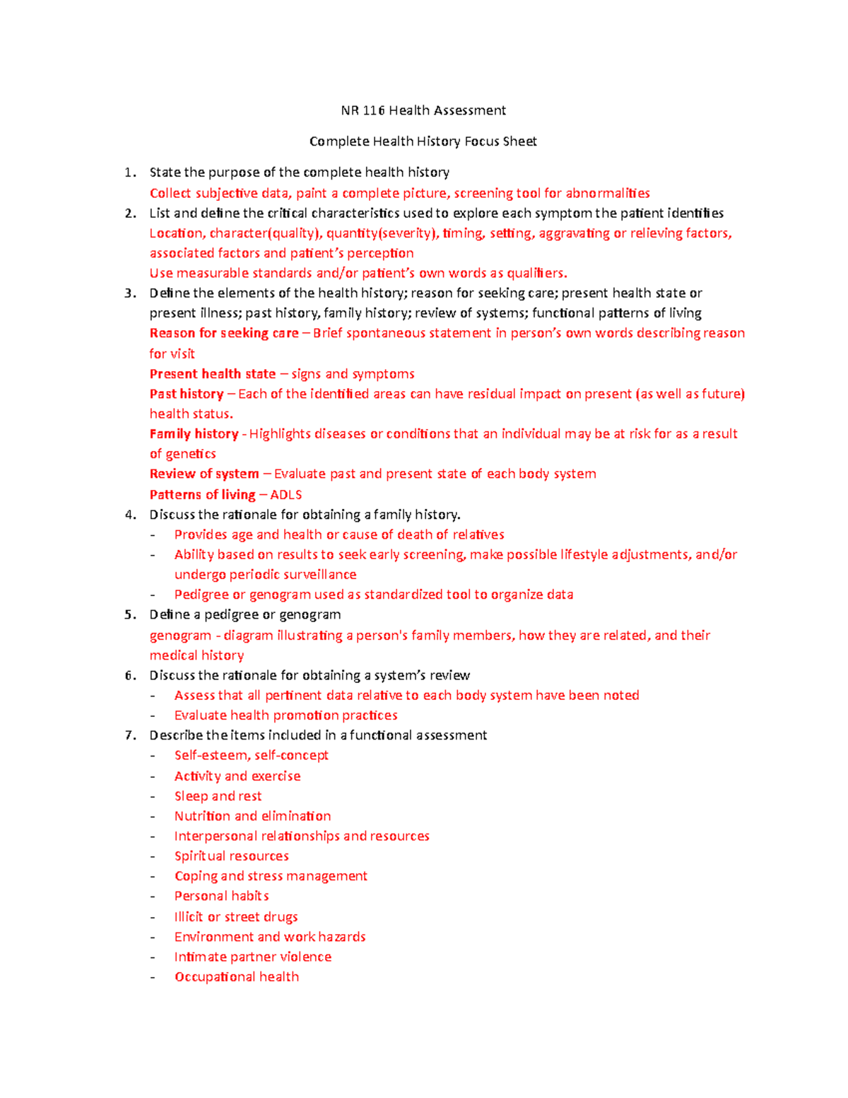 Focus sheet complete health history - NR 116 Health Assessment Complete ...
