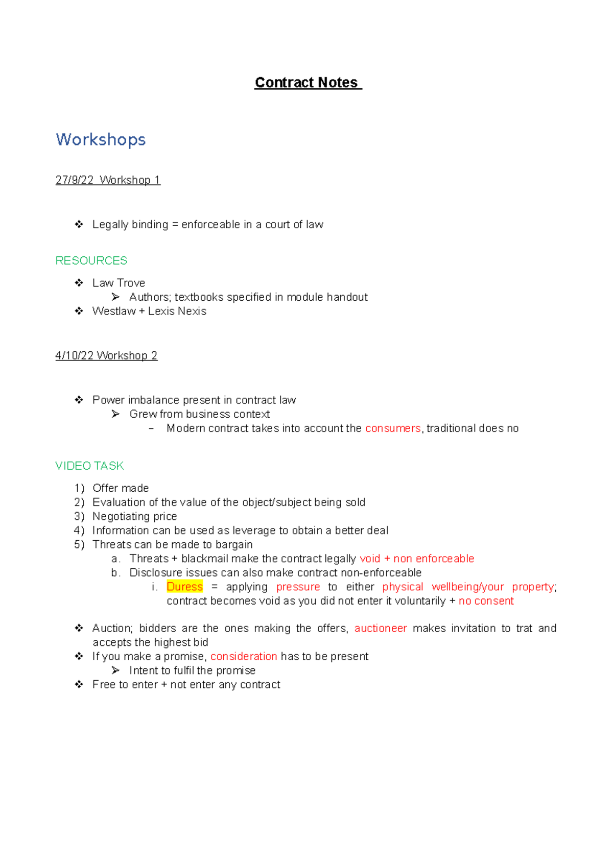 Contract Notes - Contract Notes Workshops 27/9/22 Workshop 1 Legally ...