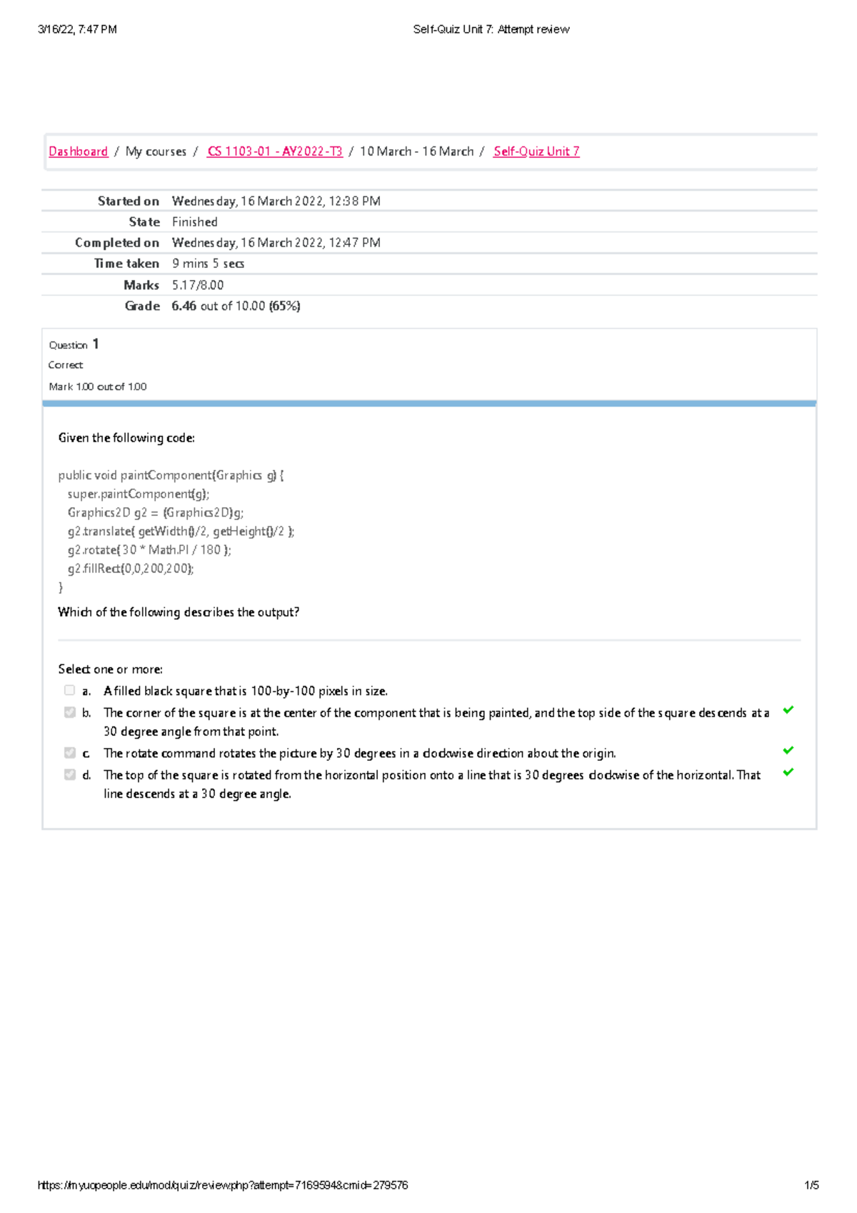 CS1103 Self-Quiz Unit 7 Attempt review - Started on Wednesday, 16 March ...