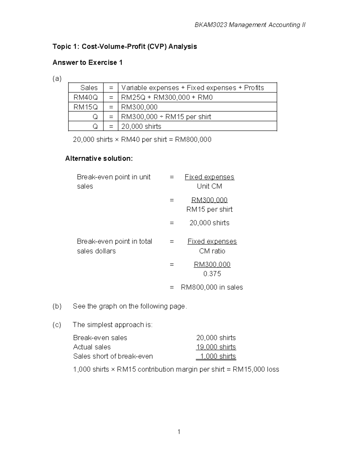 Exercise Topic 1 ANS - Topic 1: Cost-Volume-Profit (CVP) Analysis ...