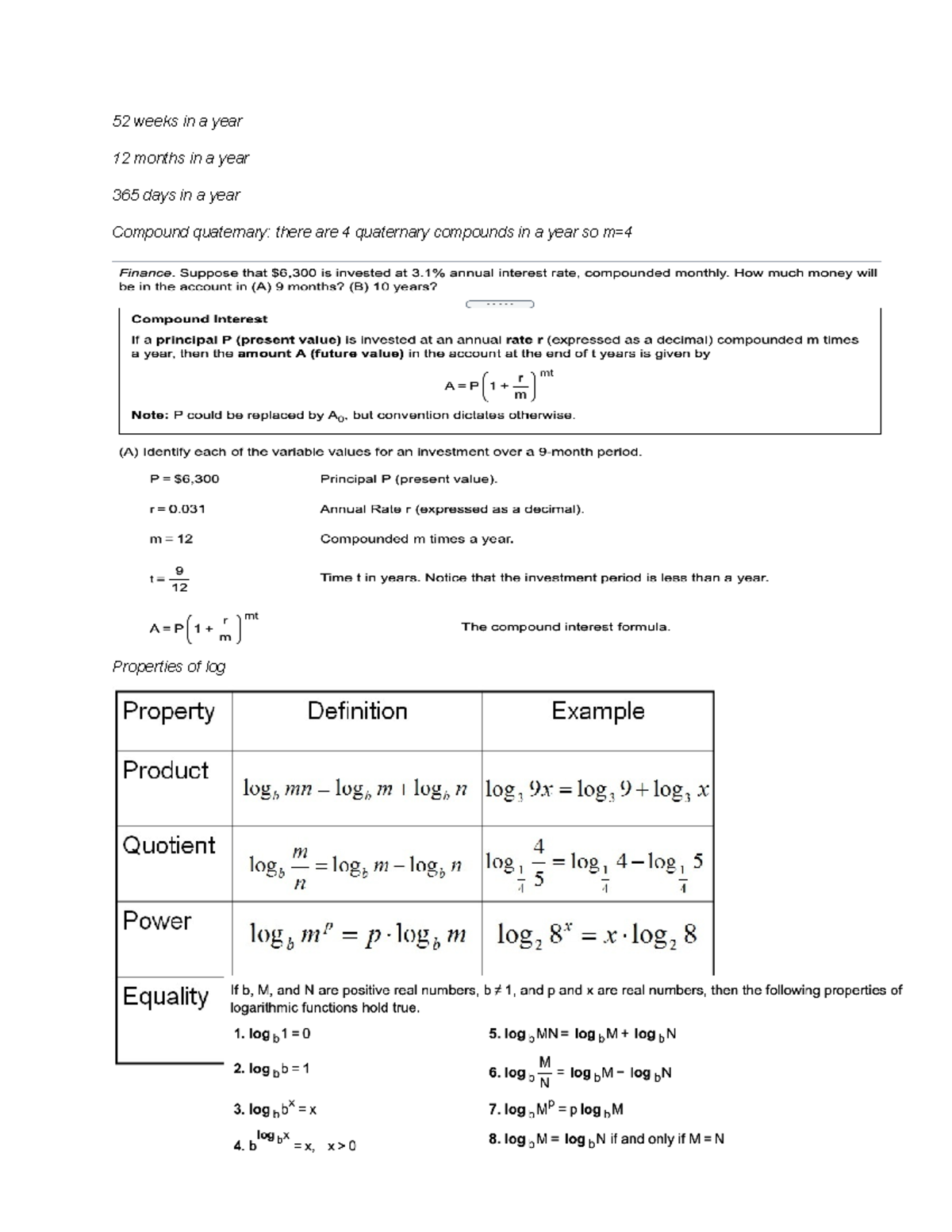 Math 208- important formulas - MATH 208 - 52 weeks in a year 12 months ...