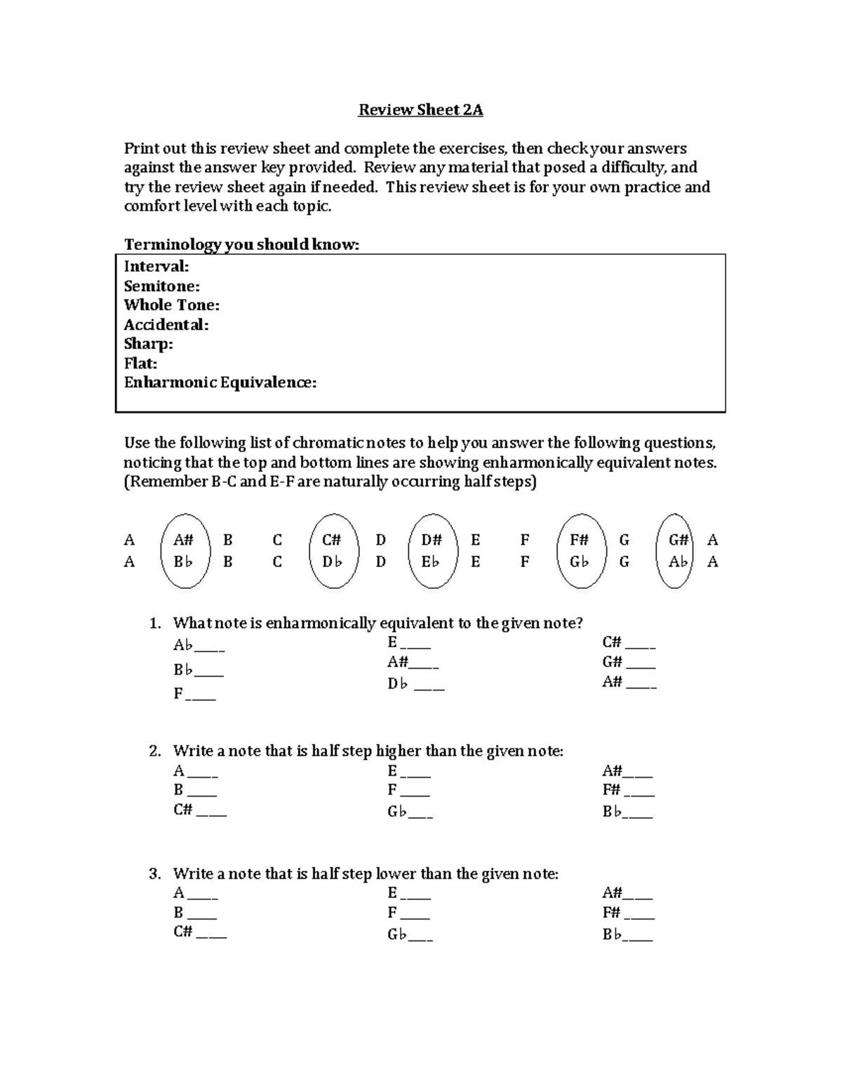 Review Sheet 2A: Note Relationships - Accidentals, half and whole steps ...