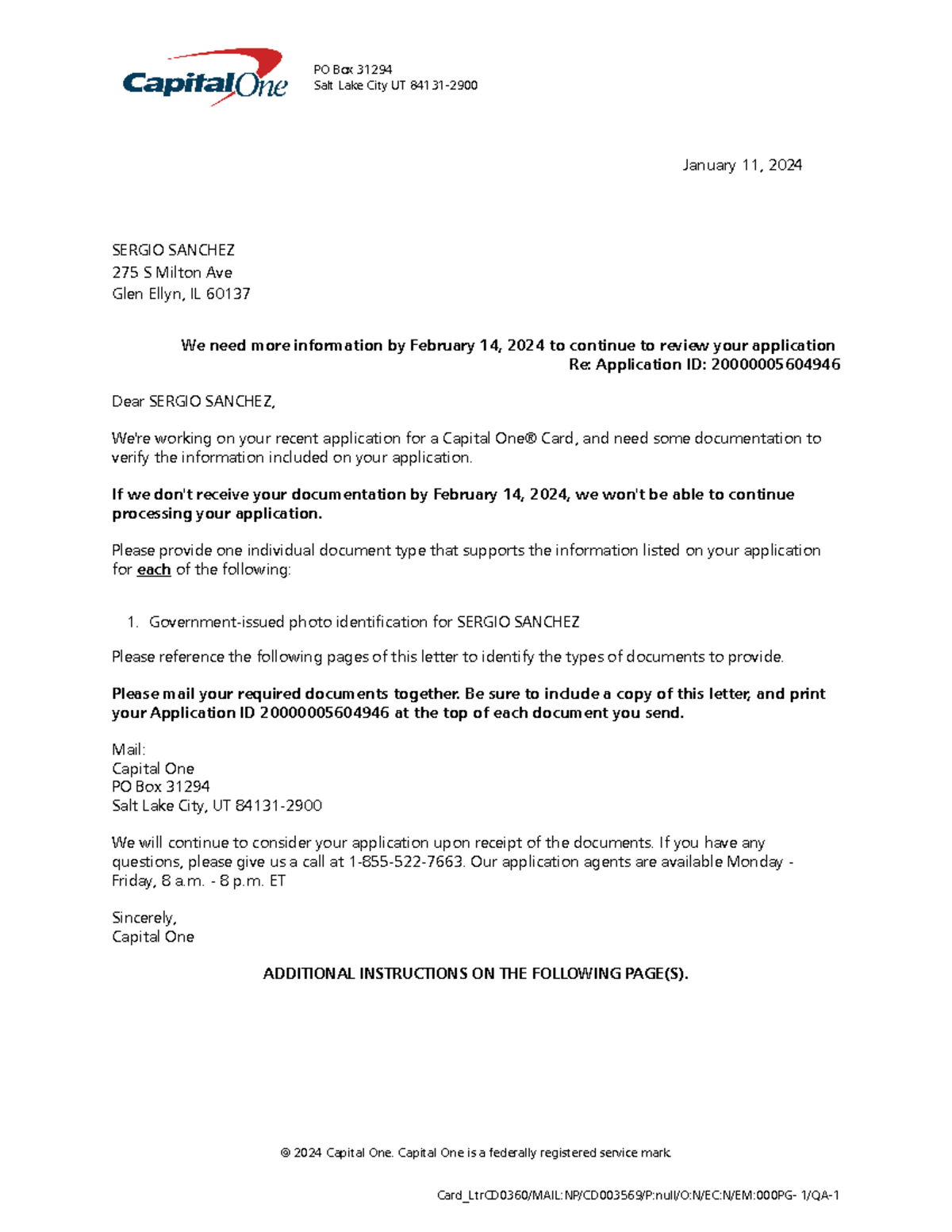 Additional Information Letter - PO Box 31294 Salt Lake City UT 84131 ...