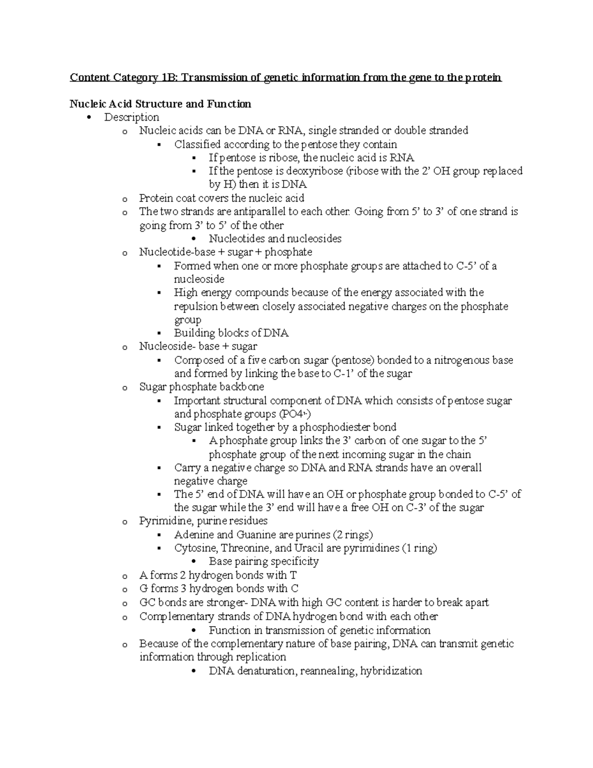 DNA stuff - Notes - Content Category 1B: Transmission of genetic ...