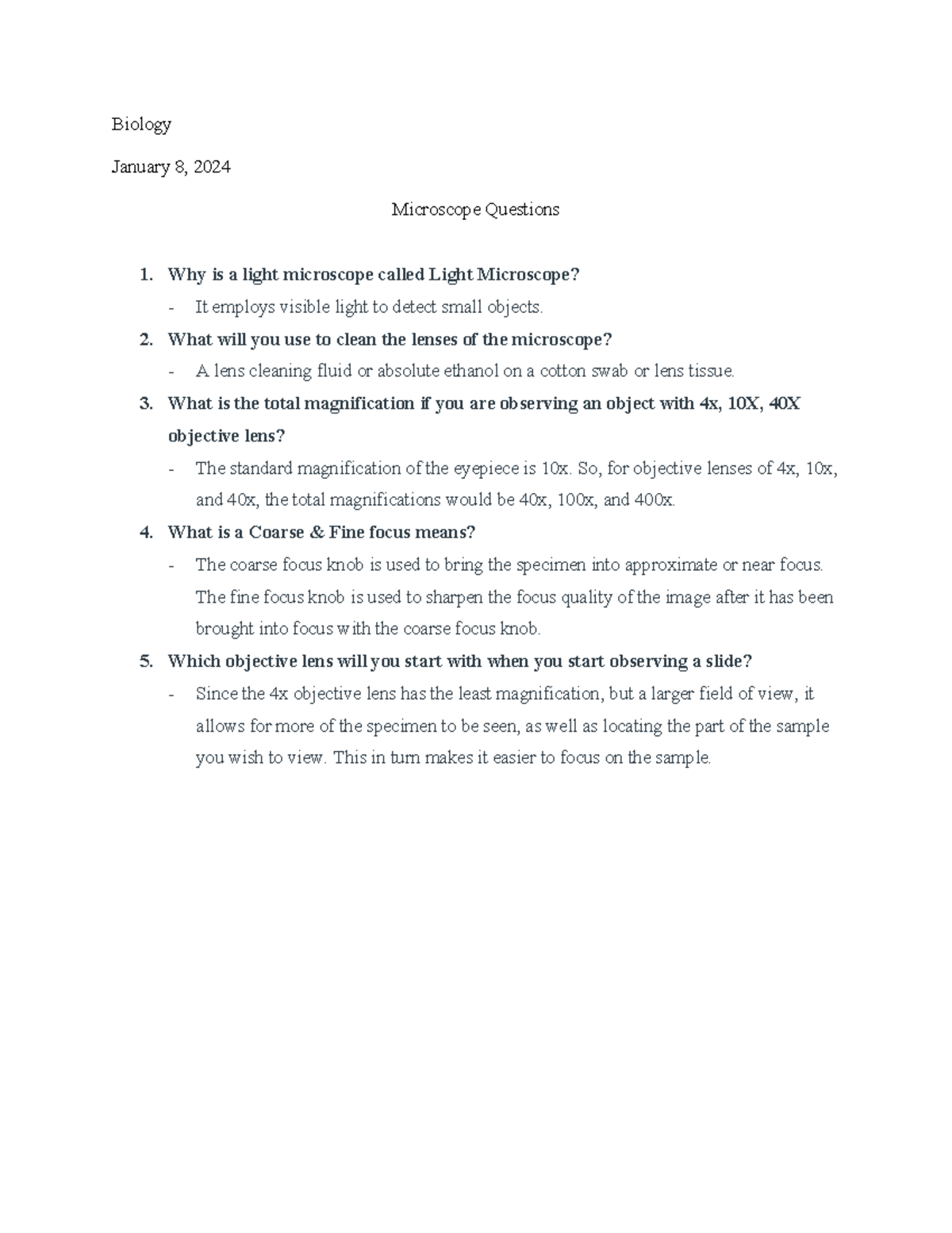 Microscope Questions - Online Class - Biology January 8, 2024 ...