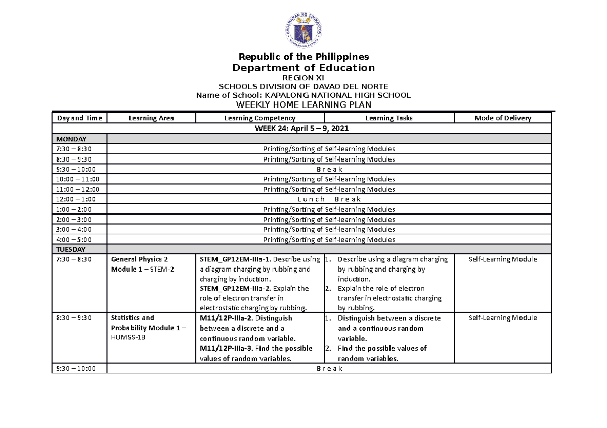 Weekly HOME Learning PLAN 0405 0409 - Republic of the Philippines ...