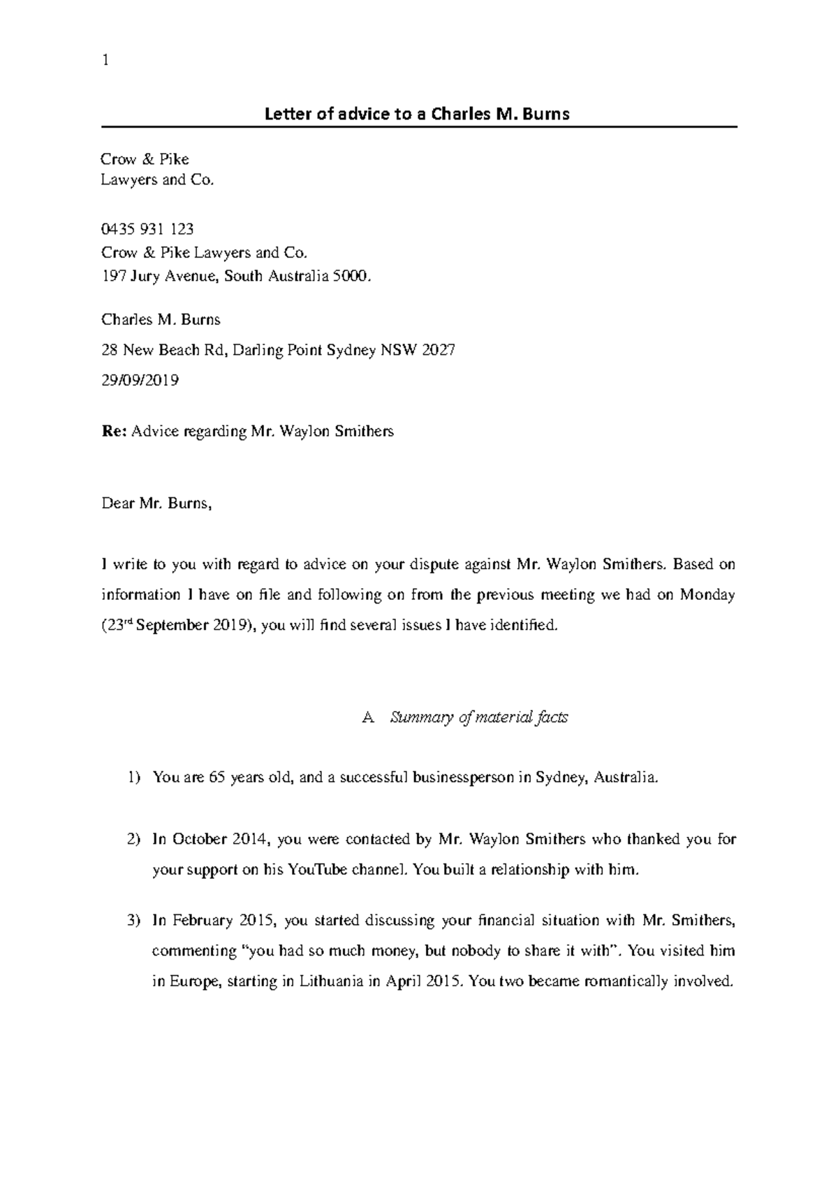 Example Tutorial Question - Letter of advice to a Charles M. Burns 0435 ...