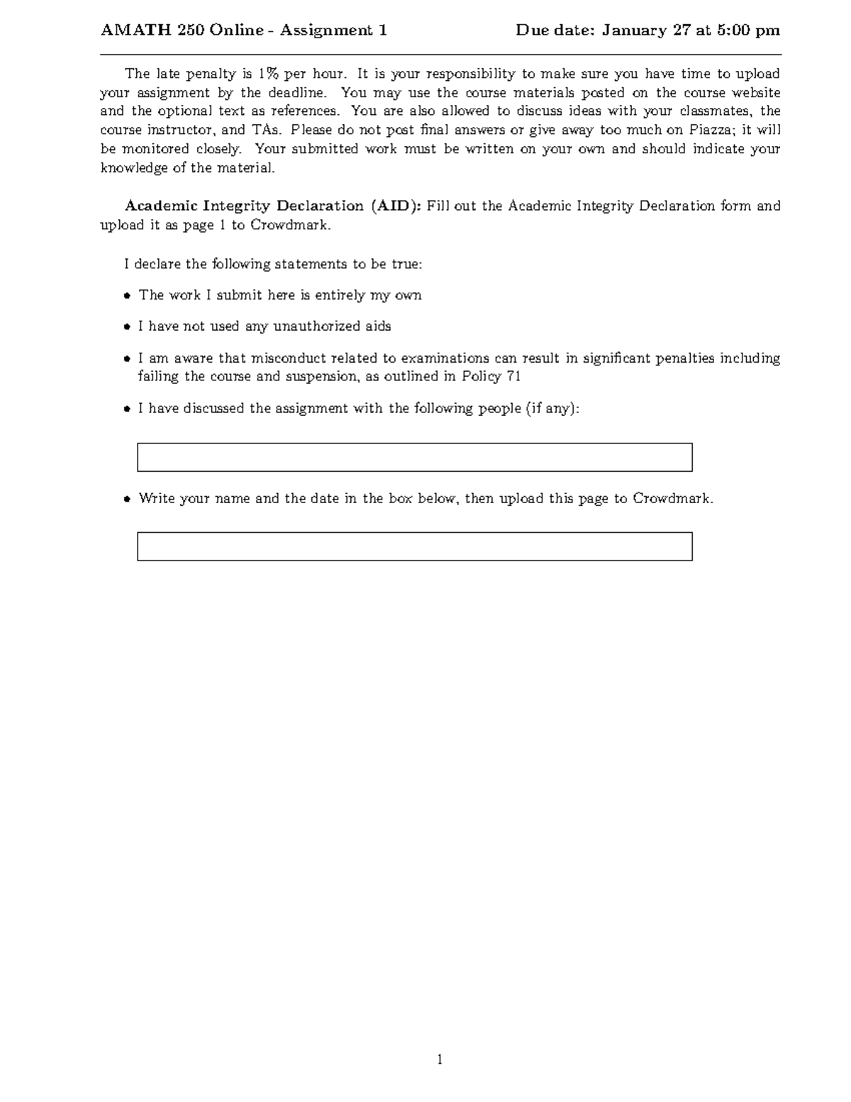 A1 - Assignment 1 AMATH250 081 - AMATH 250 Online - Assignment 1 Due ...