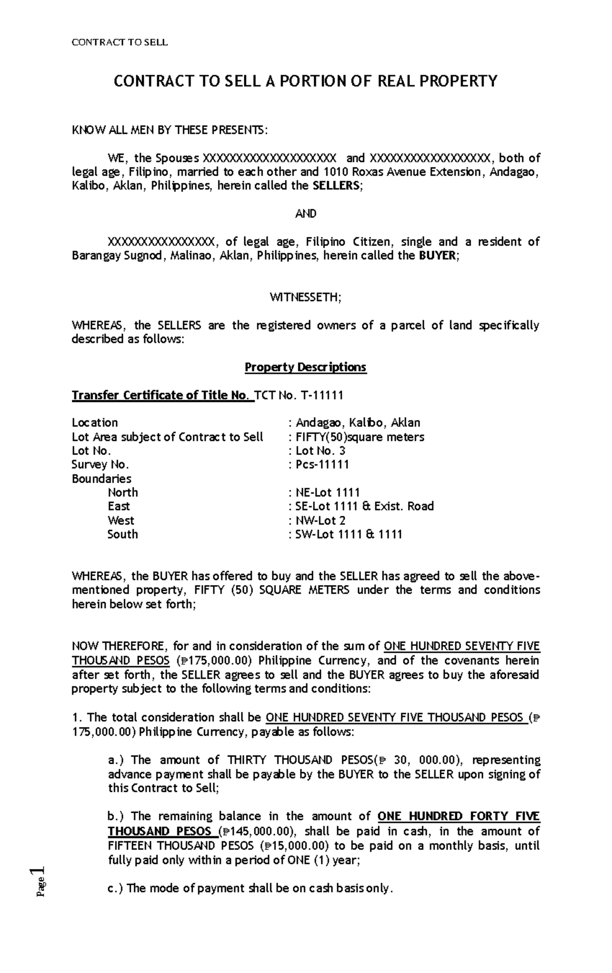 Contract TO SELL - CONTRACT TO SELL Page 1 CONTRACT TO SELL A PORTION ...
