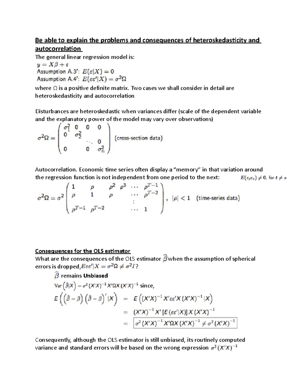 Heteroskedasticity and autocorrelation Study Guide - Be able to explain the problems and - Studocu