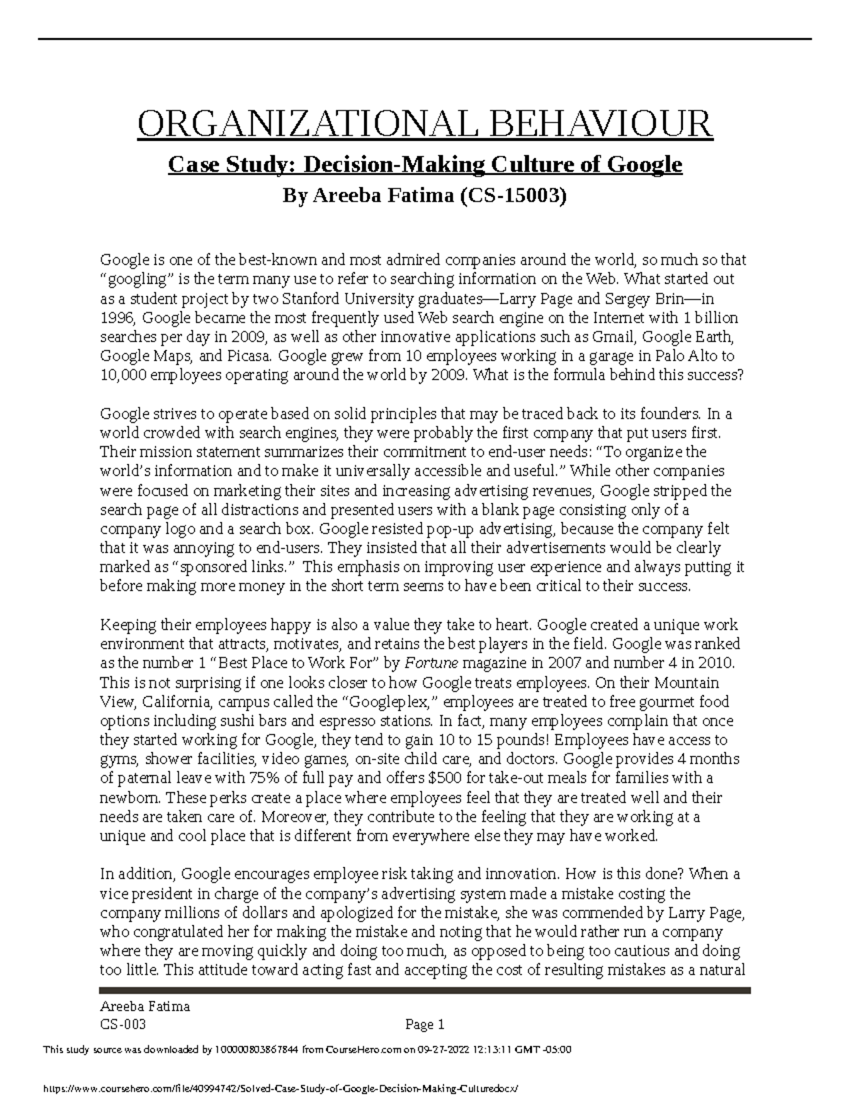 Areeba Case Study - Case studies - ORGANIZATIONAL BEHAVIOUR Case Study ...