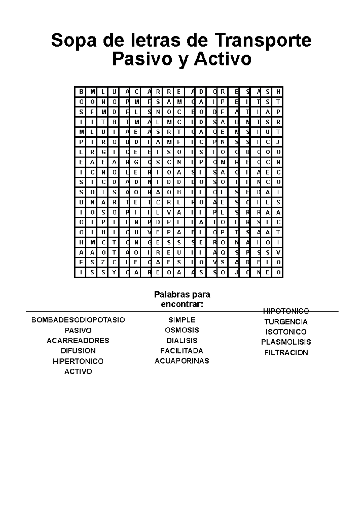 SOPA DE Letras Transporte Activo Y Pasivo - Sopa de letras de ...