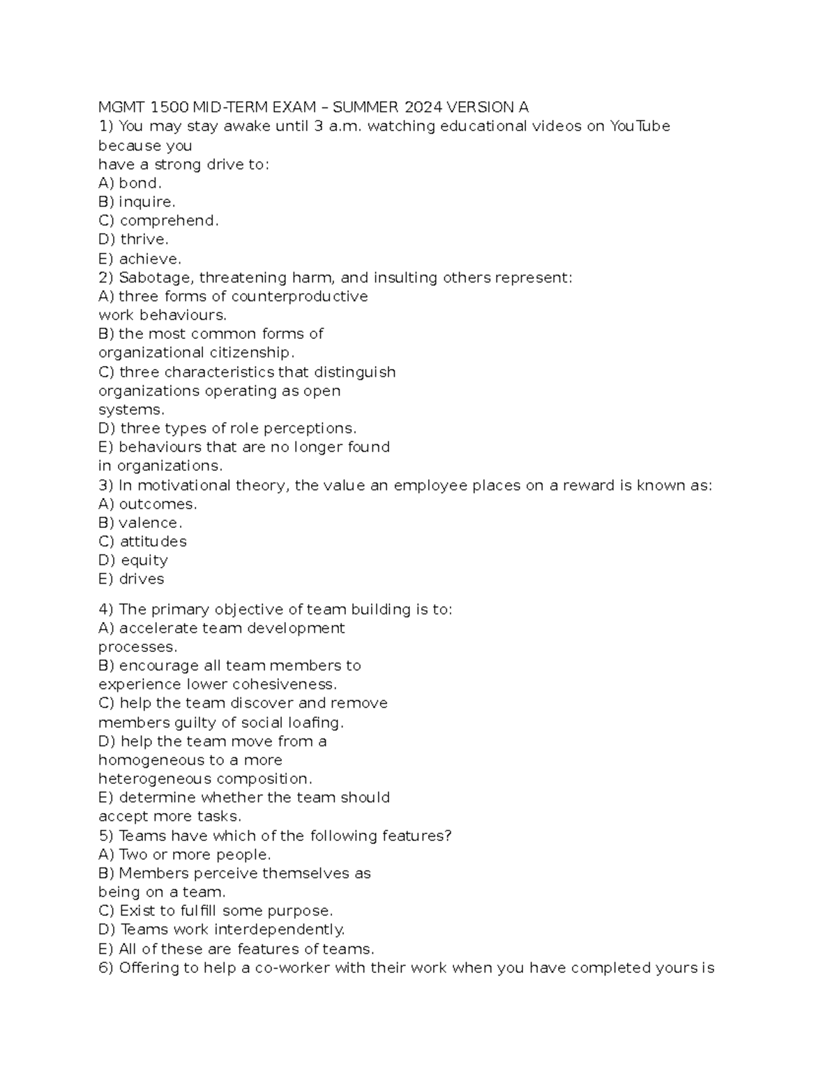 MGMT 1500 MID - Midterm exam - MGMT 1500 MID-TERM EXAM – SUMMER 2024 ...
