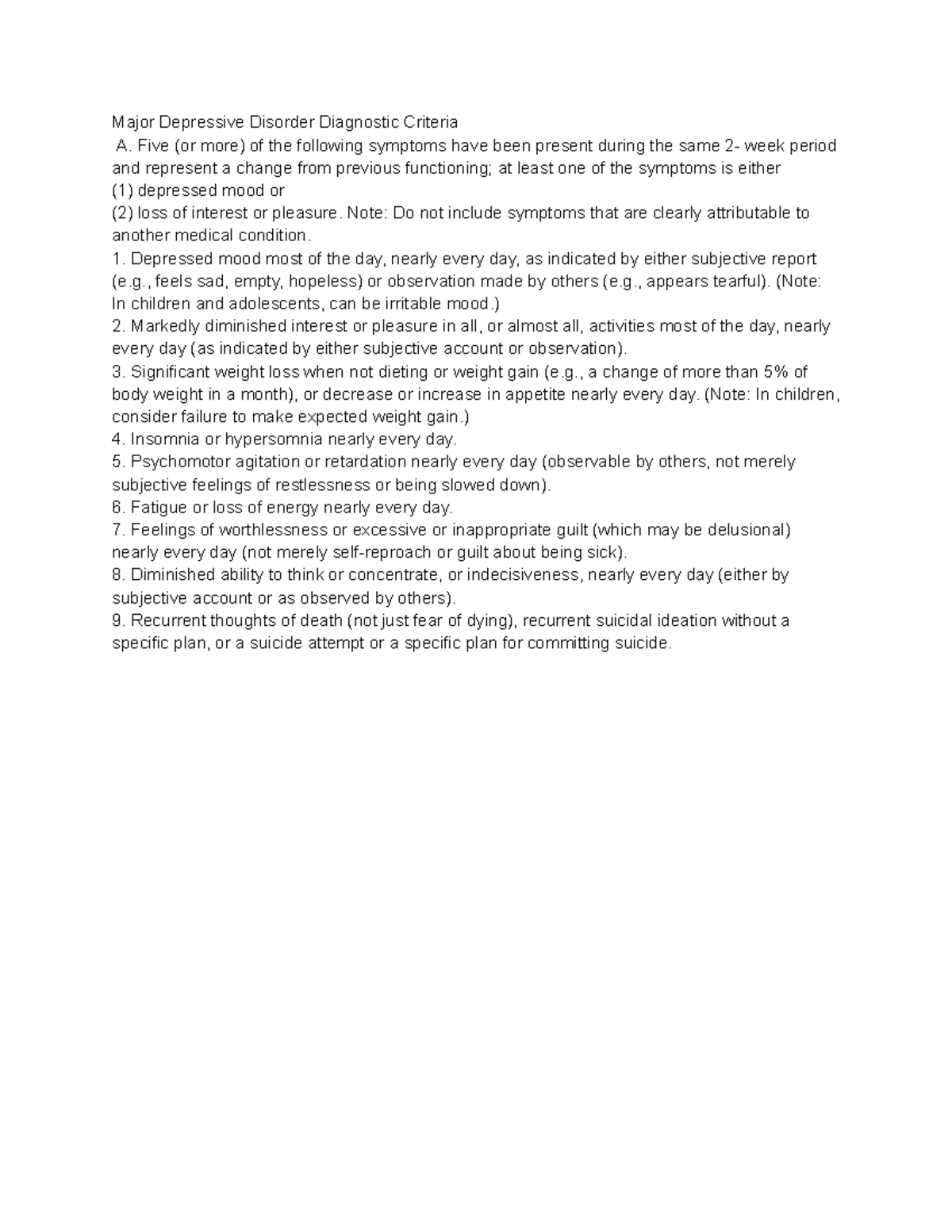 Depression criteria - Major Depressive Disorder Diagnostic Criteria A ...