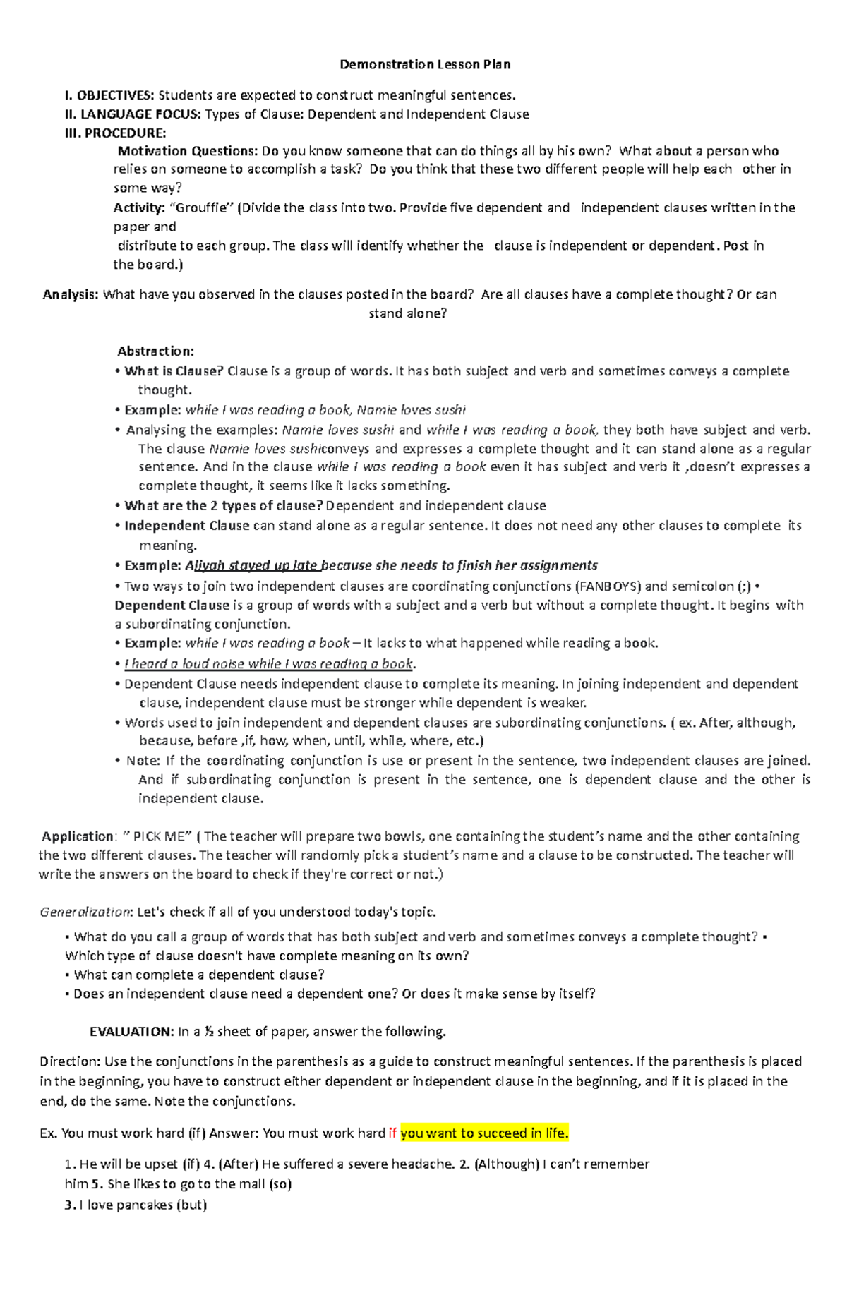 Independent and dependent Clause - Demonstration Lesson Plan I ...