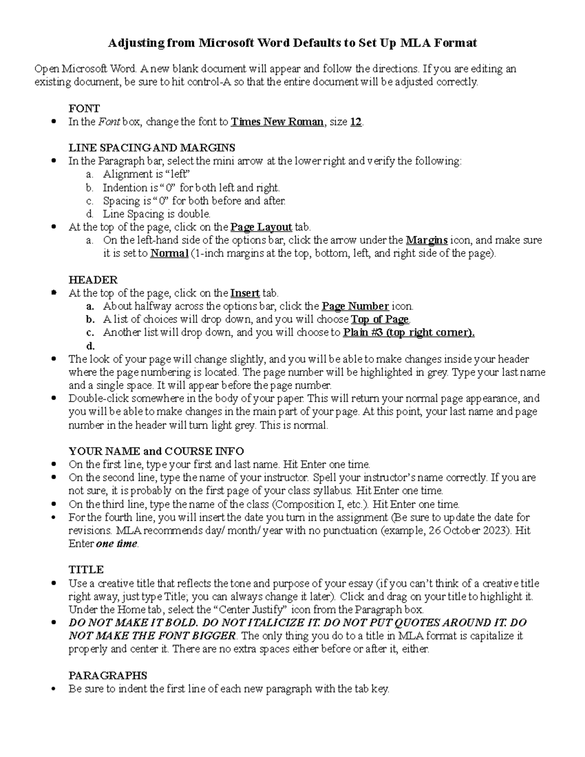 Setting Up Word - Adjusting from Microsoft Word Defaults to Set Up MLA ...