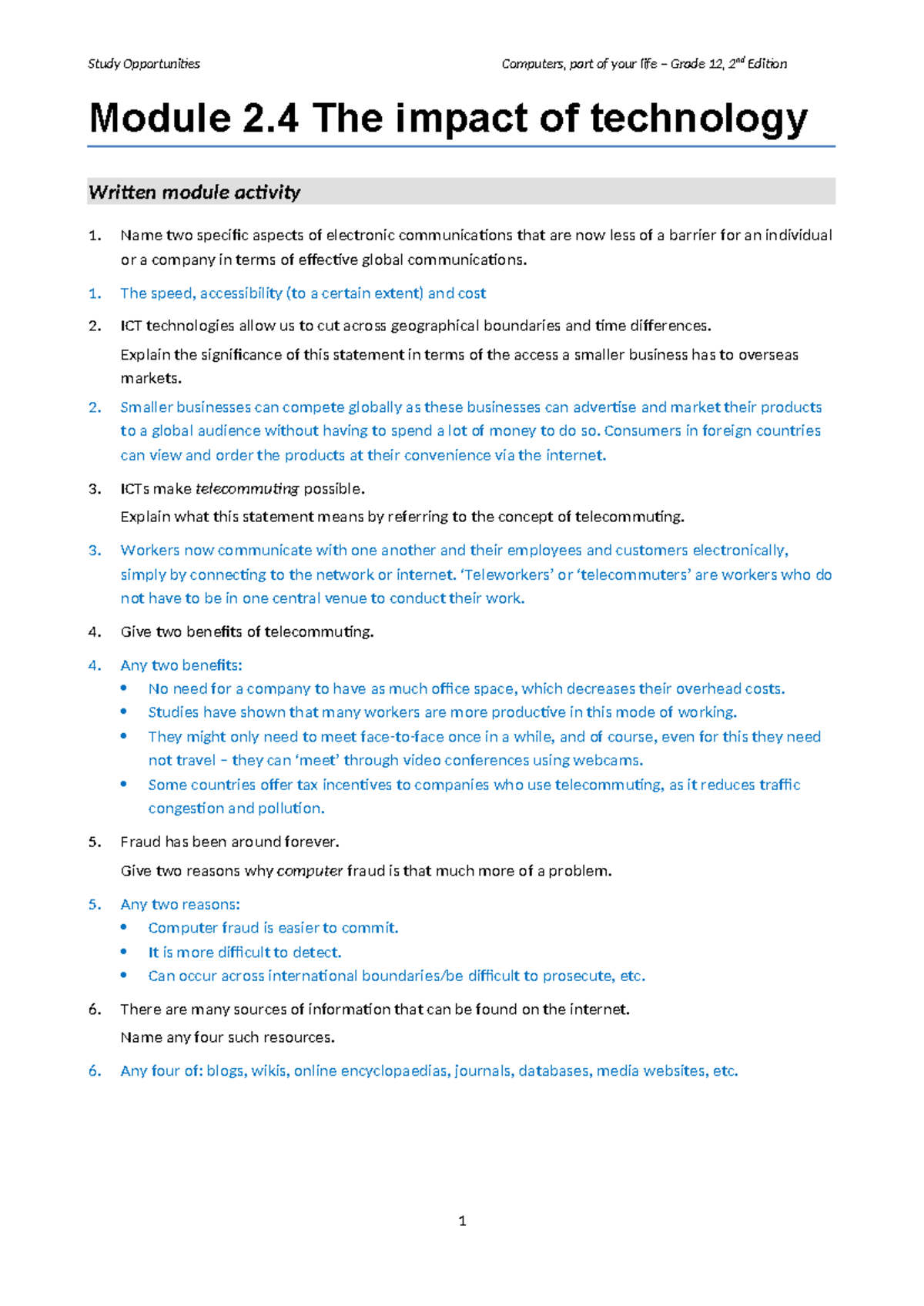 2 4 Impact Of Technology Answers - Study Opportunities Computers, part of your life – Grade 12 ...
