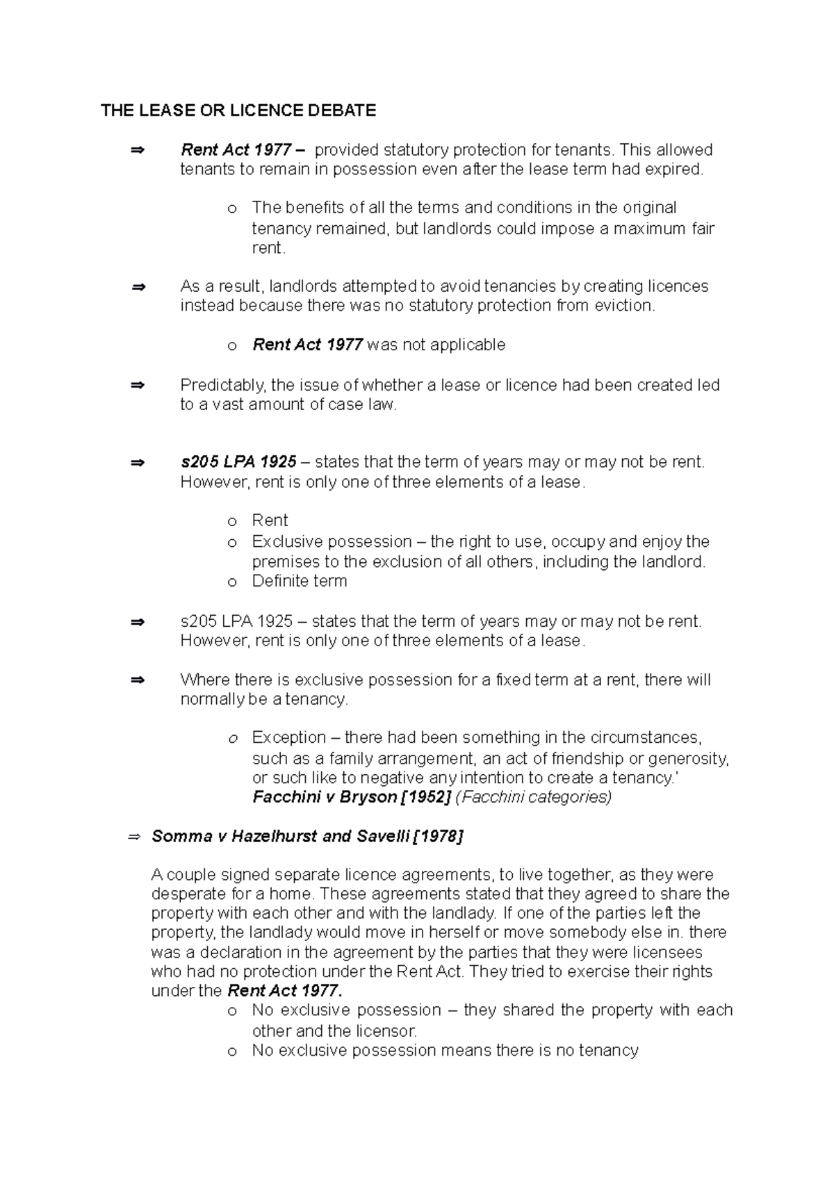 THE Lease OR Licence Debate - THE LEASE OR LICENCE DEBATE Rent Act 1977 ...