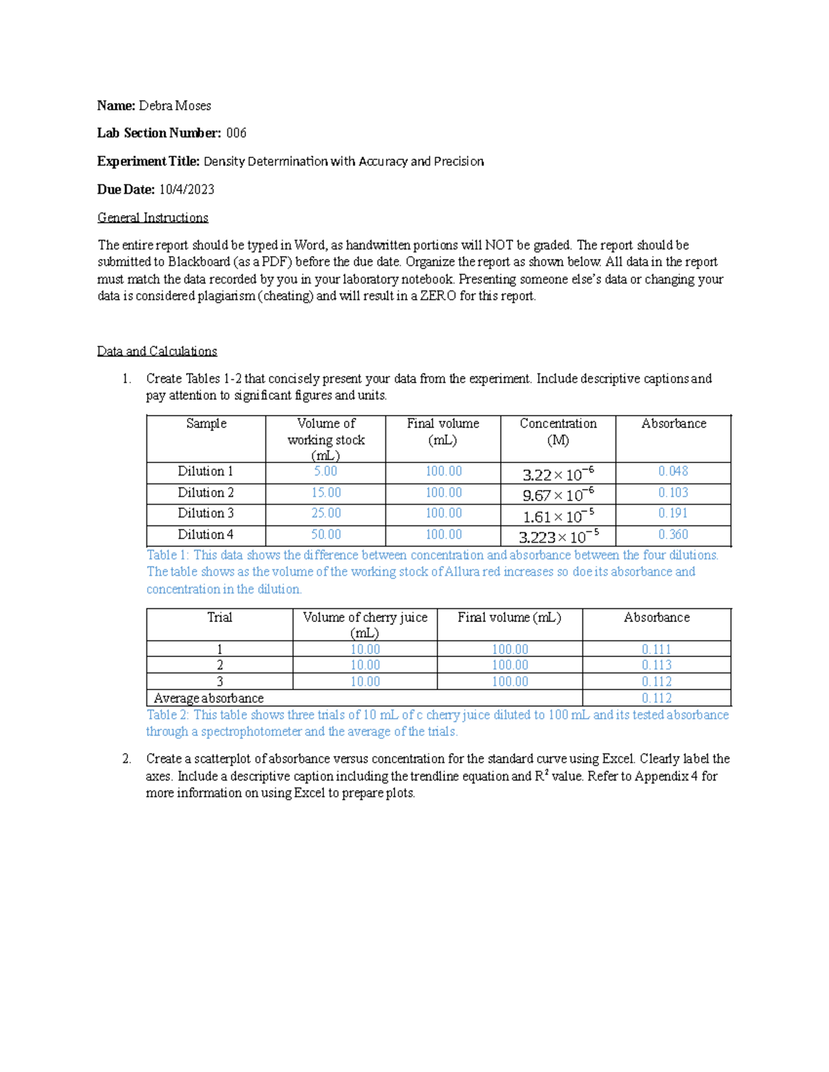 Chem lab report 4 - lab 4 - Name: Debra Moses Lab Section Number: 006 ...