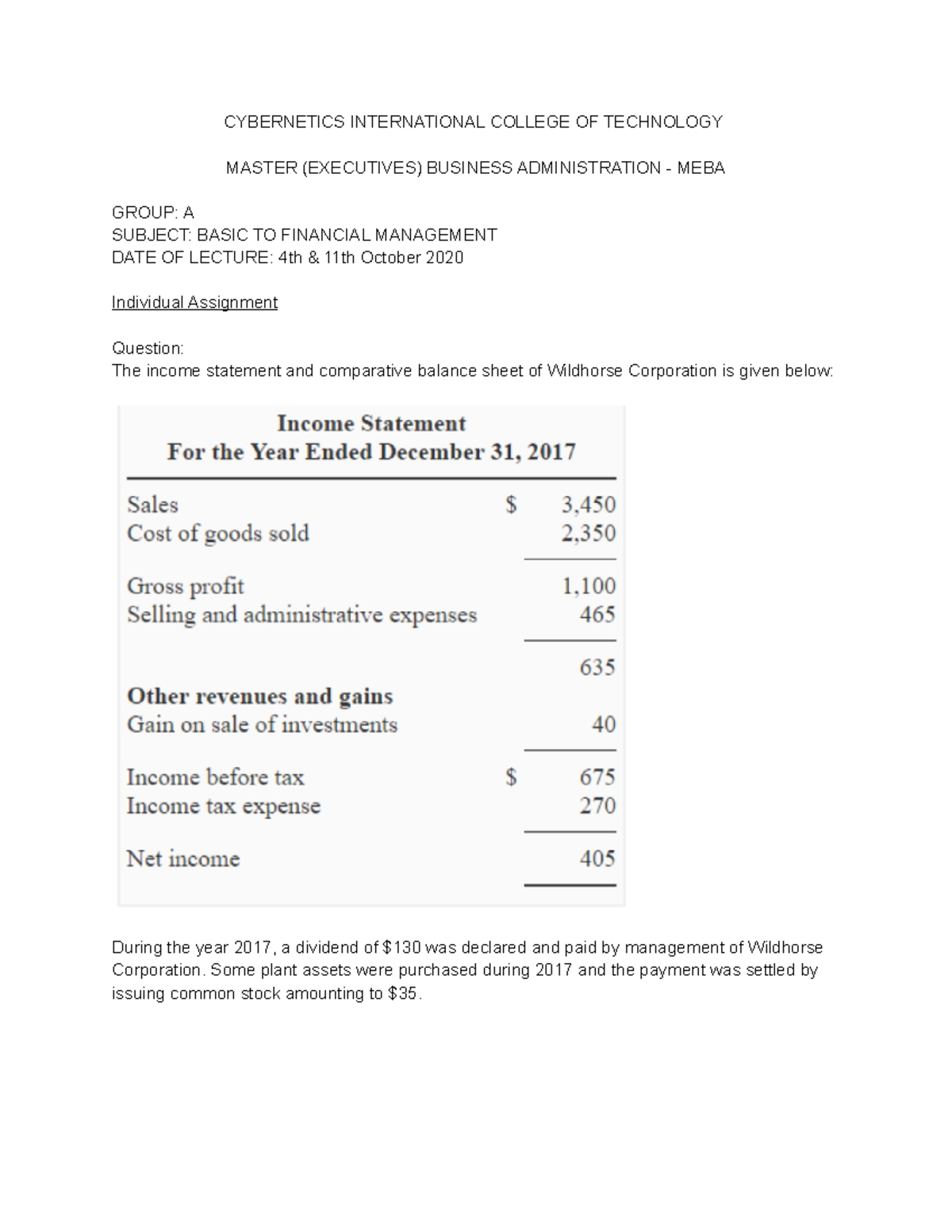 Finance assignment - CYBERNETICS INTERNATIONAL COLLEGE OF TECHNOLOGY ...
