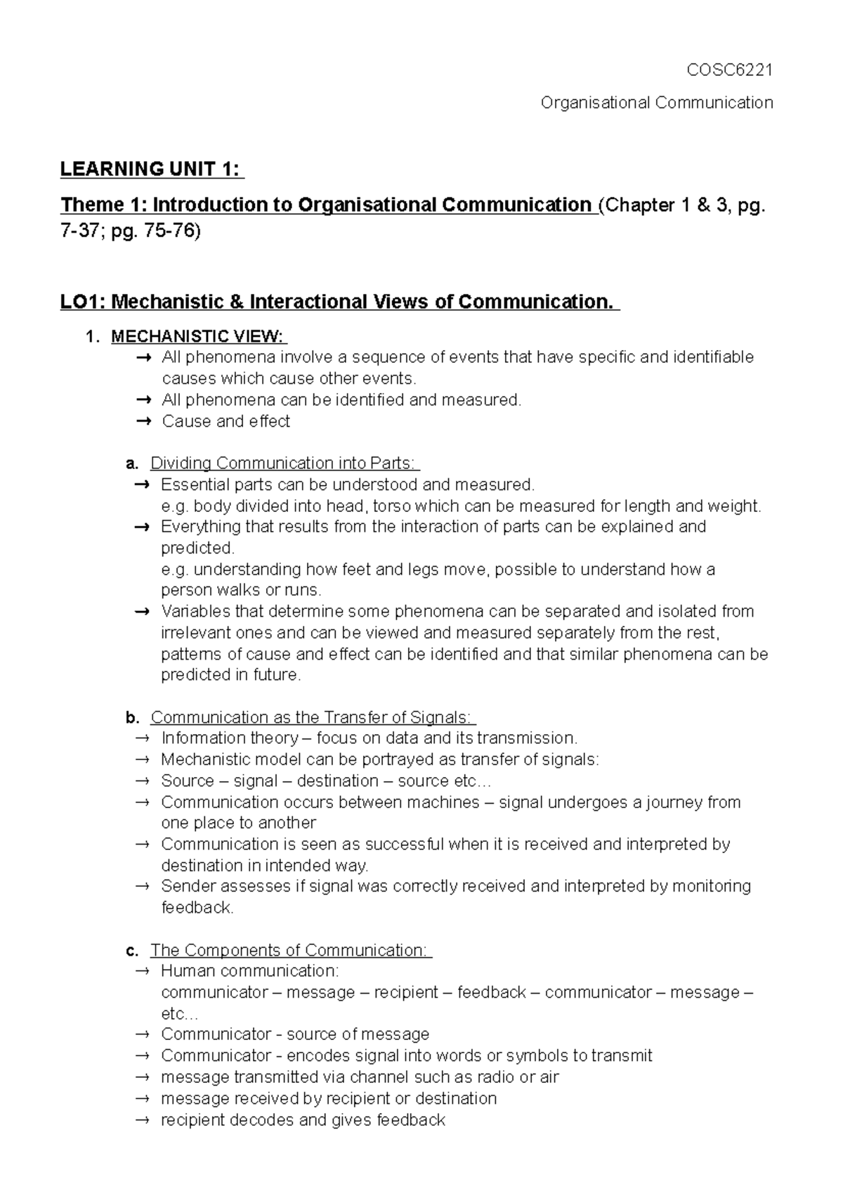 Learning Unit 1 - Summary Communication Sciences 2A - COSC Organisational Communication LEARNING ...