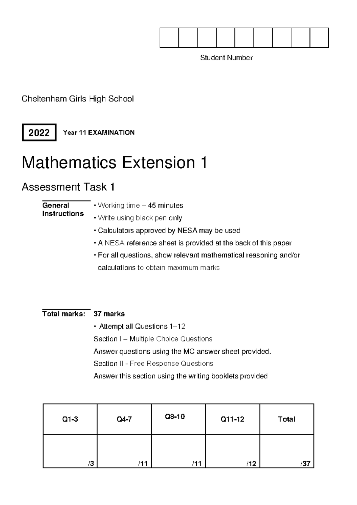 3U 2022 Term 1 - Y11 math extension 1 - Student Number Cheltenham Girls ...