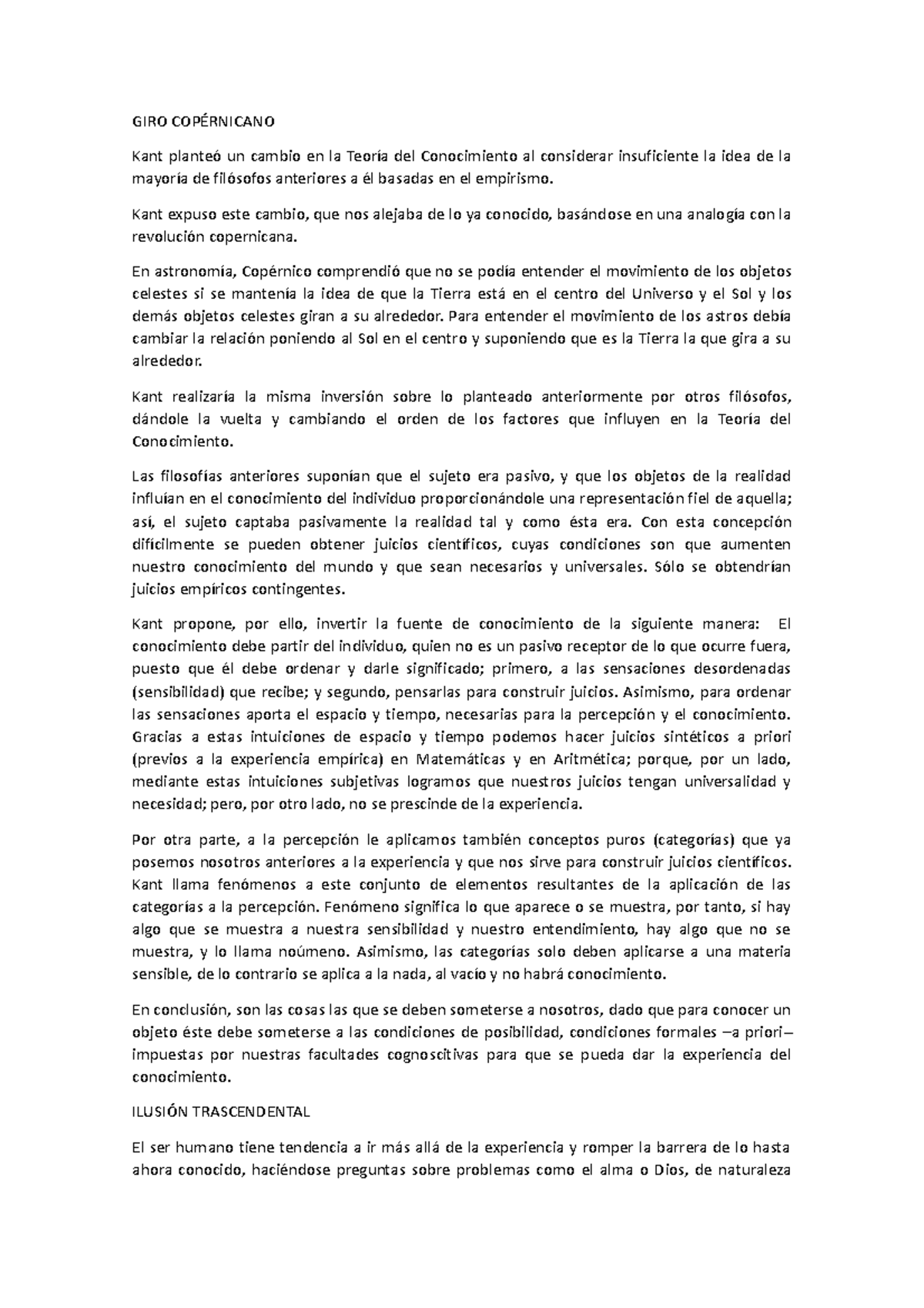 GIRO Copérnicano - conceptos kant. - GIRO COPÉRNICANO Kant planteó un ...