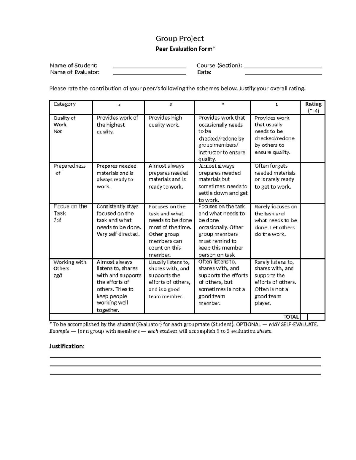 Peer-Evaluation-Form - Group Project Peer Evaluation Form* Name of ...