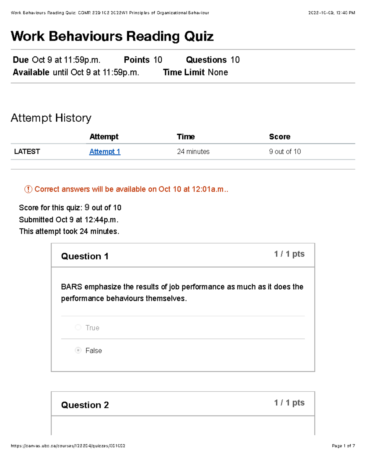 COMR 329 103 2023W1 - Work Behaviours Reading Quiz: Principles of ...