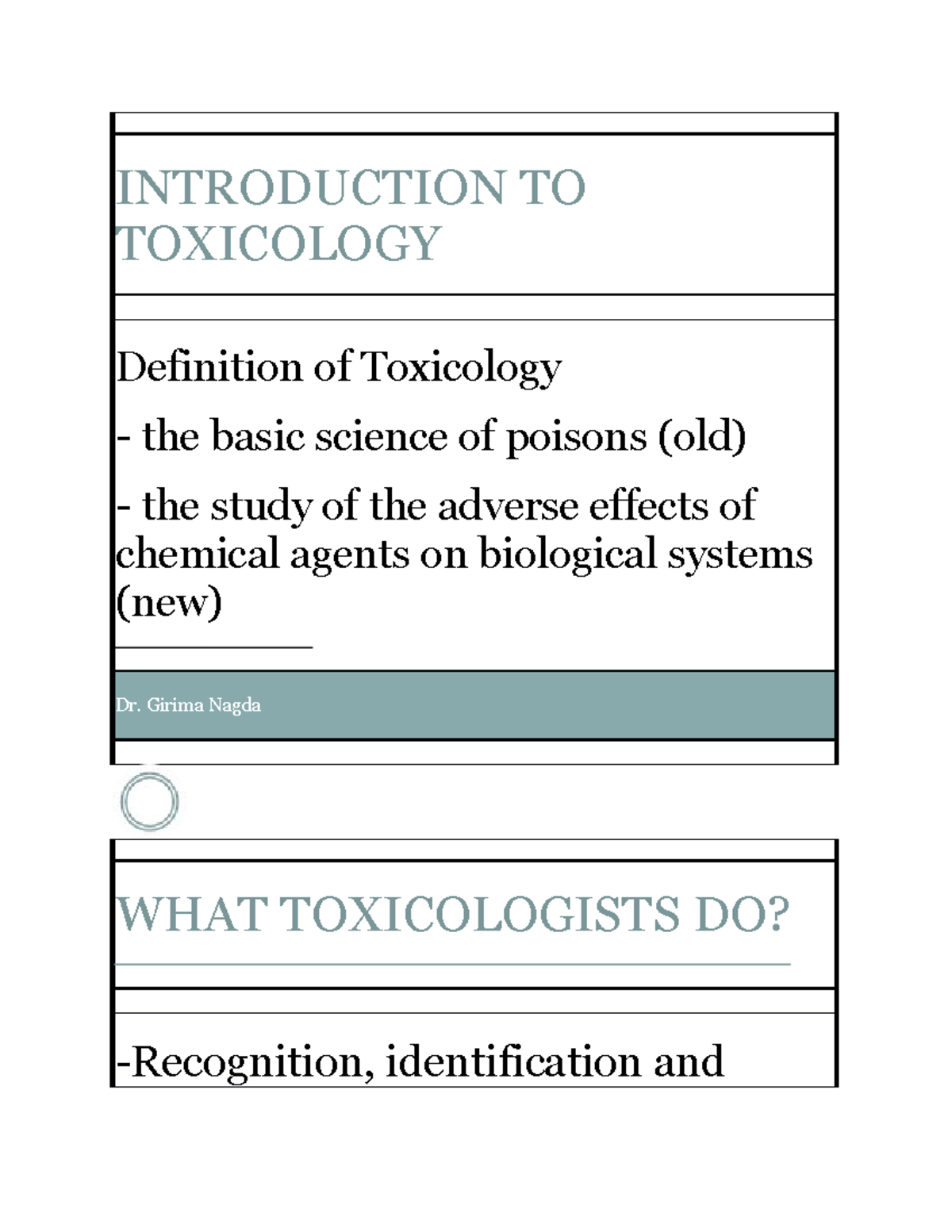 Tox 7 - notes and study guide - INTRODUCTION TO TOXICOLOGY ...