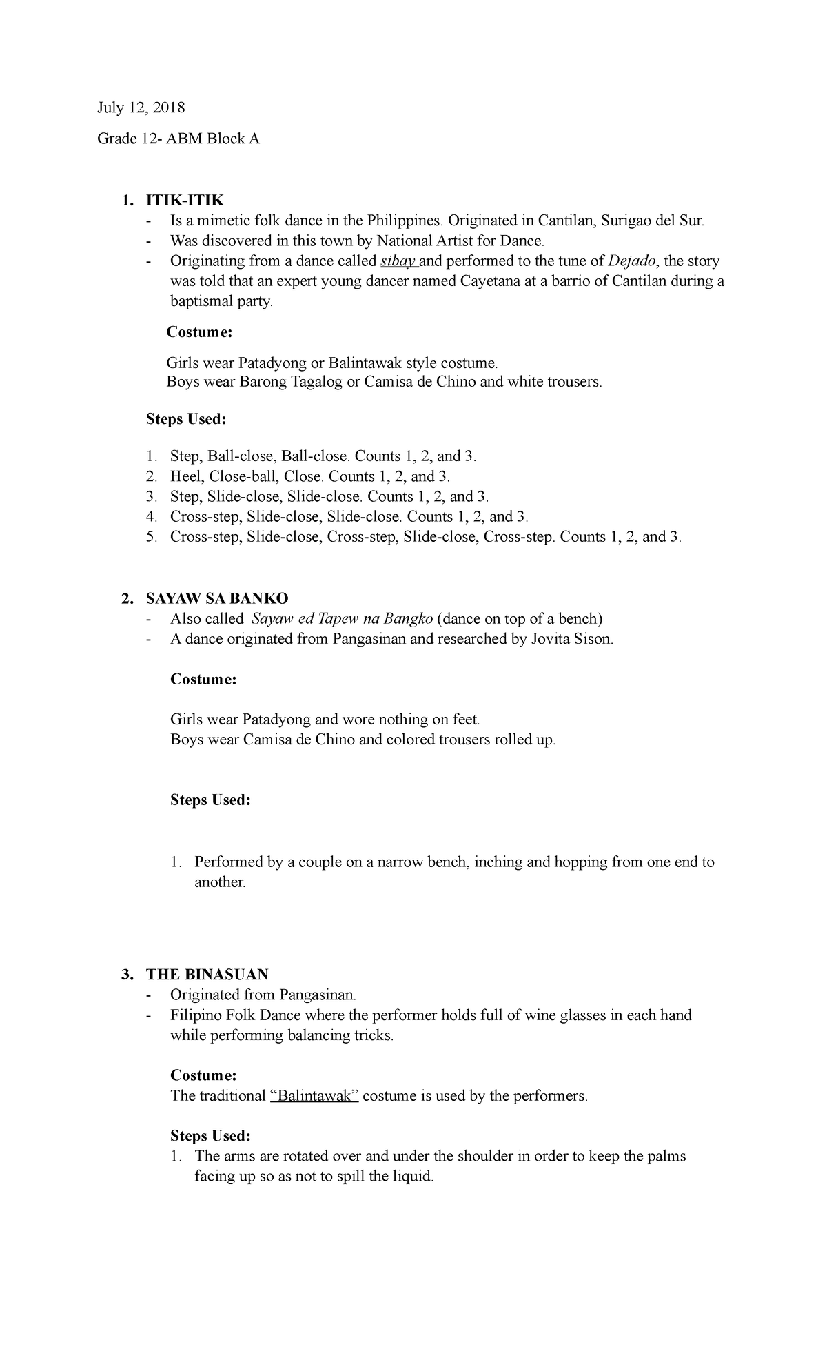 Folk Dances PE - July 12, 2018 Grade 12- ABM Block A 1. ITIK-ITIK Is a ...